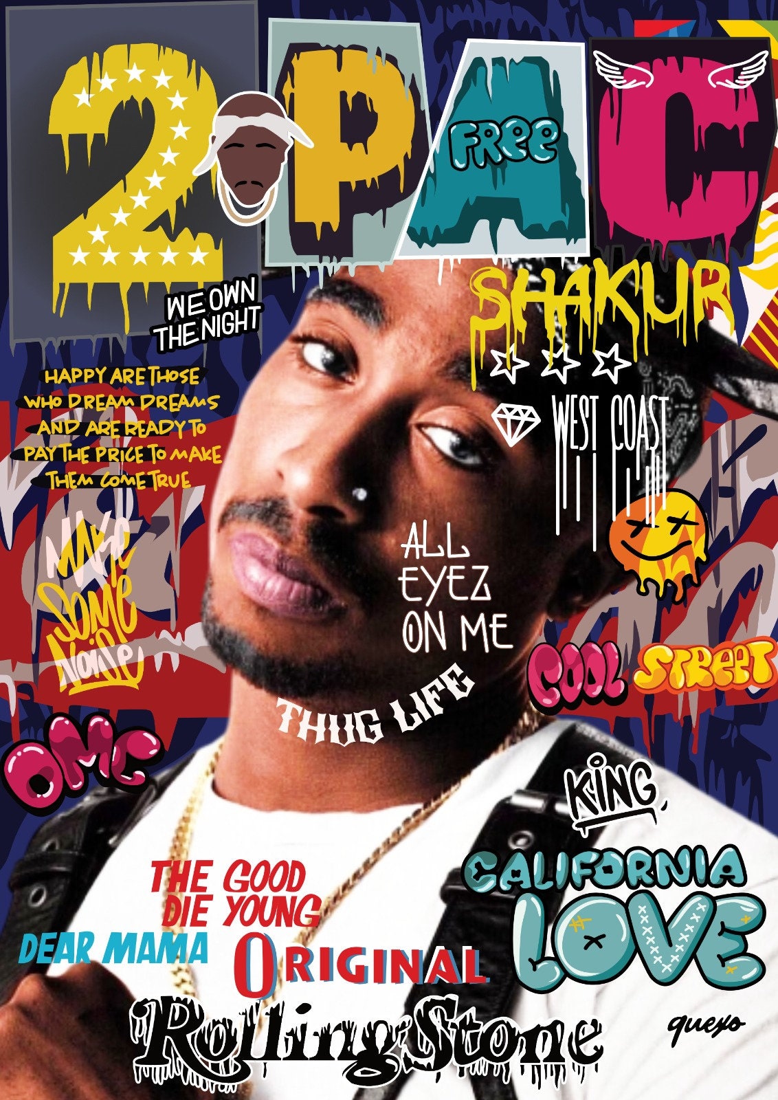 Rapper 2PAC - Rapper Poster - Portrait Graffiti Art Poster Digital ...