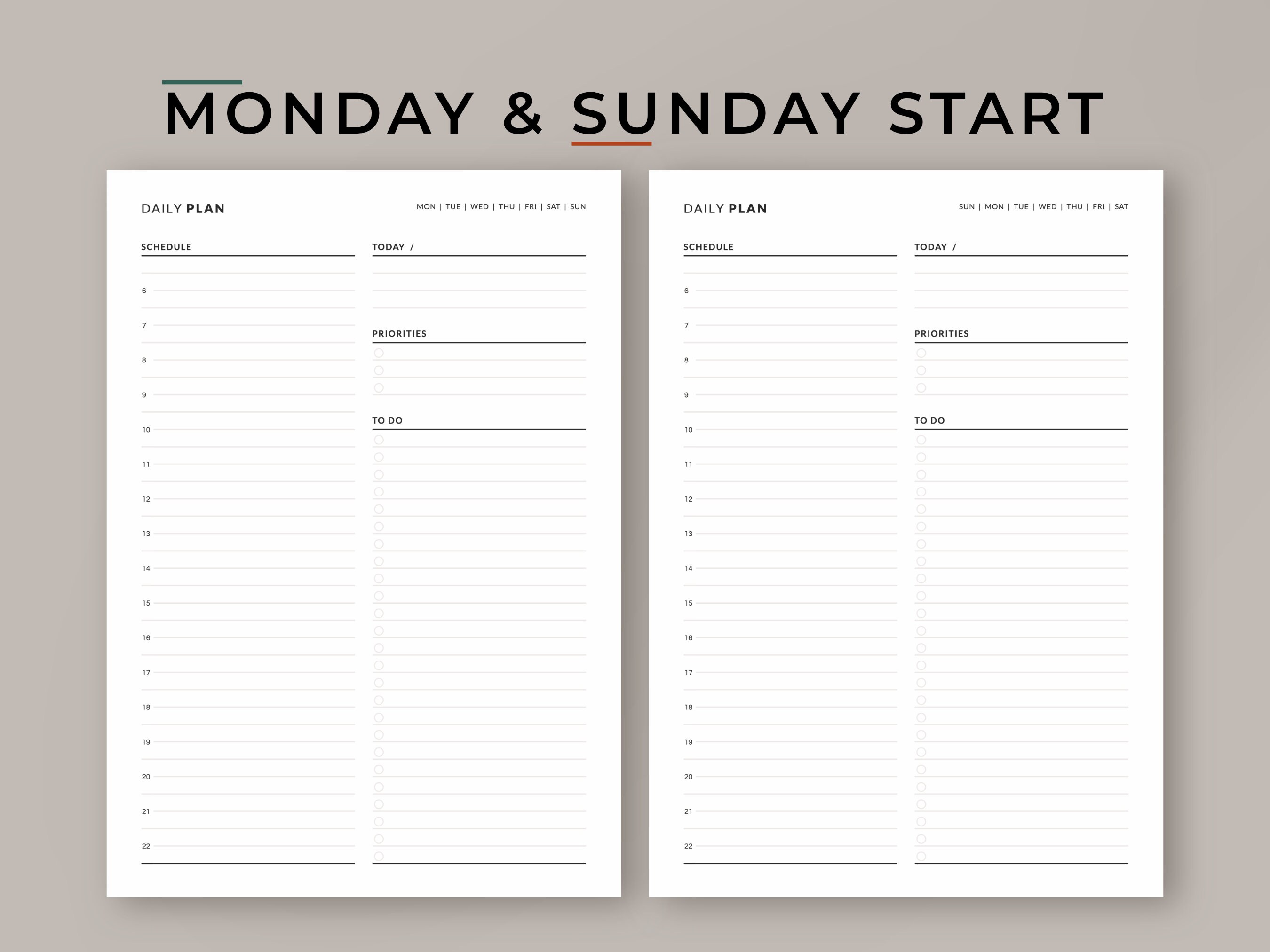 Daily Printable Planner A5 & Half Letter Format Monday, Sunday Start ...