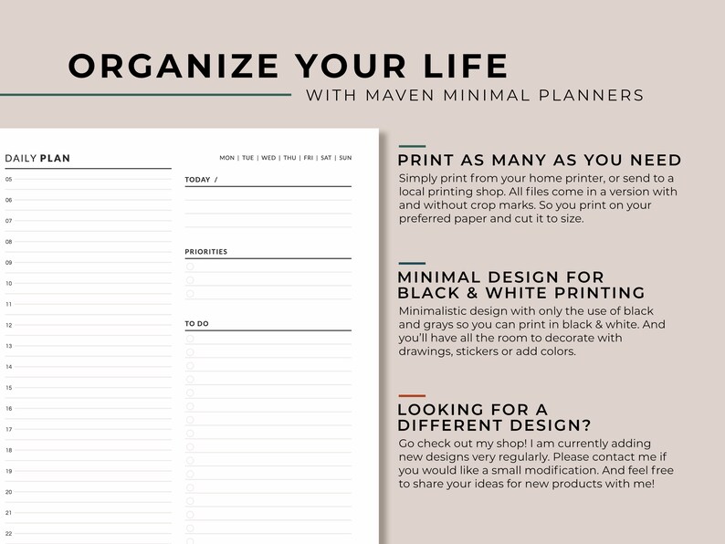 24h Daily Printable Planner Monday Sunday Start 12h and 24h Clock 2 ...