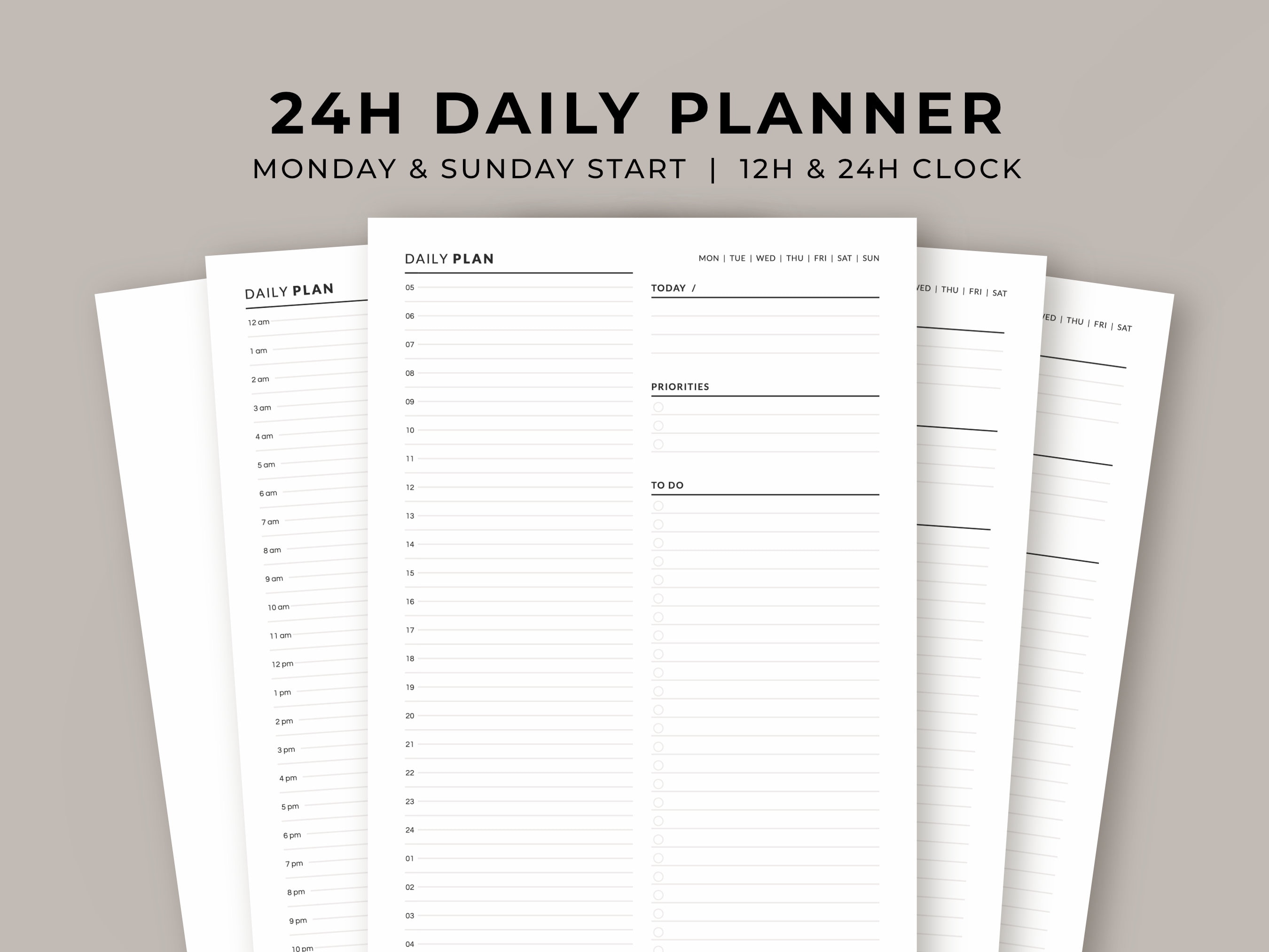 24h Daily Printable Planner Monday Sunday Start 12h and 24h Clock 2 ...