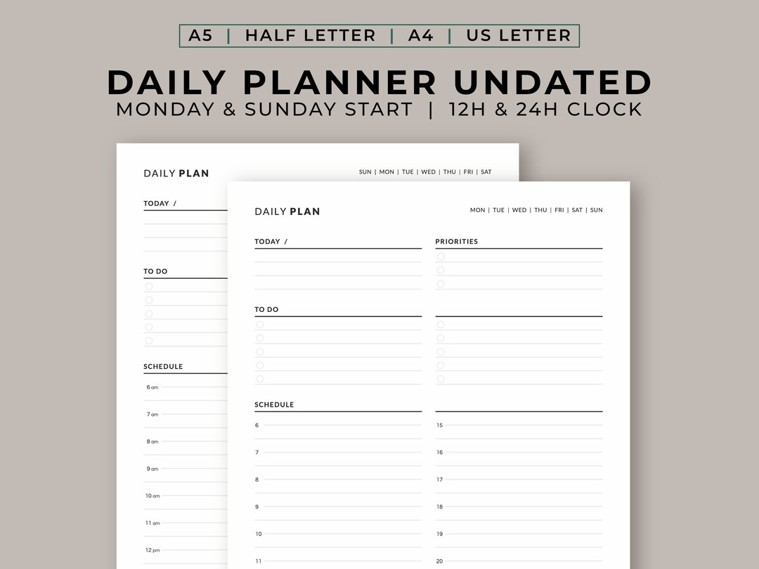 Daily Planner Printable PDF A5, Half Letter, A4 and US Letter Size ...