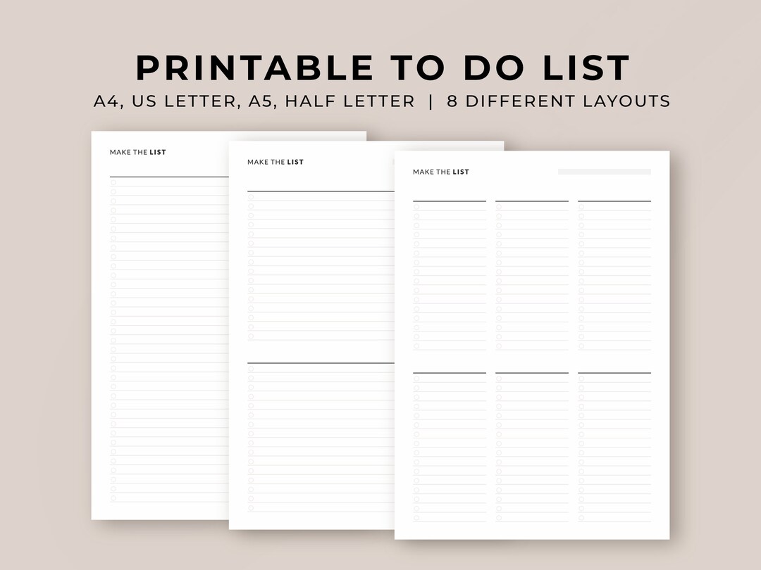 Printable to Do Lists 8 Different Layout Variations A4, US Letter, A5 ...
