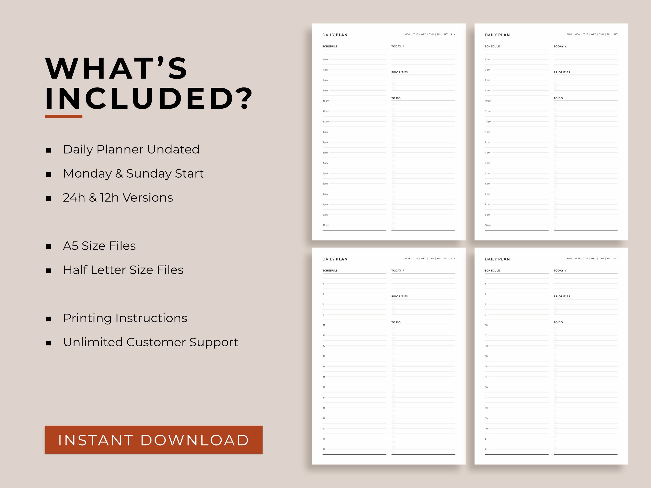Daily Printable Planner A5 & Half Letter Format Monday, Sunday Start ...