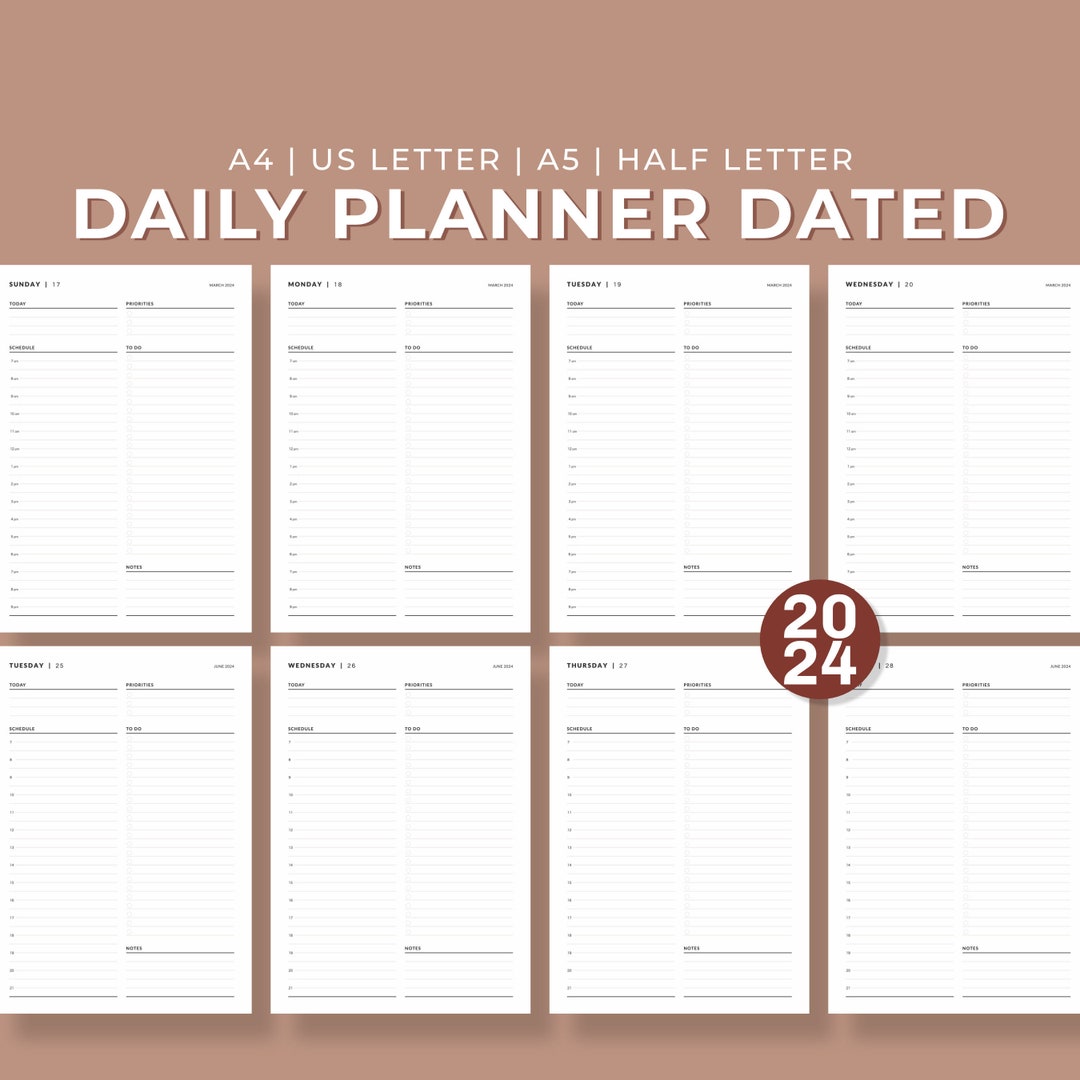 2024 Dated Daily Printable Planner 12h & 24h Clock Variations Daily ...