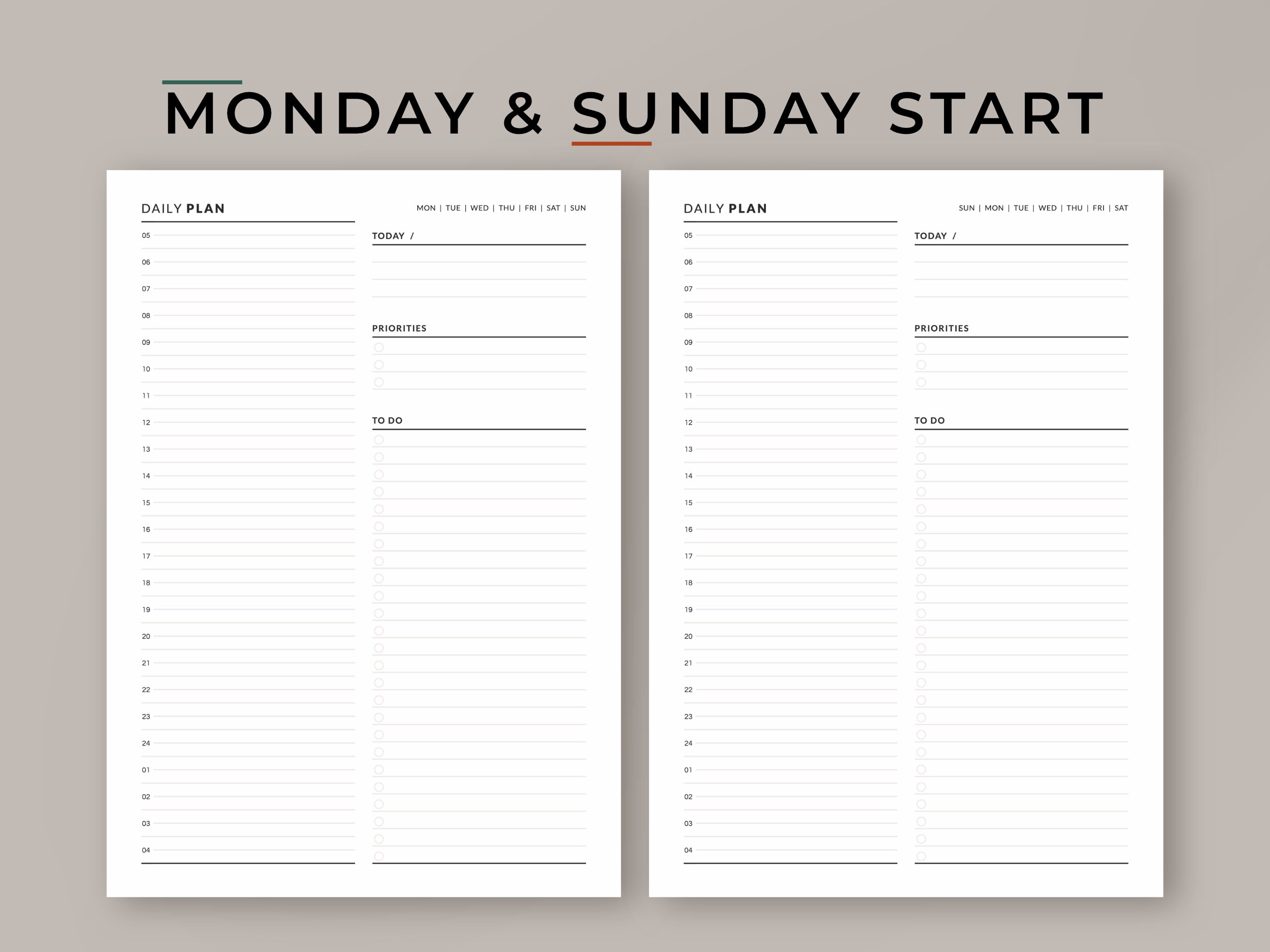 24h Daily Printable Planner Monday Sunday Start 12h and 24h Clock 2 ...