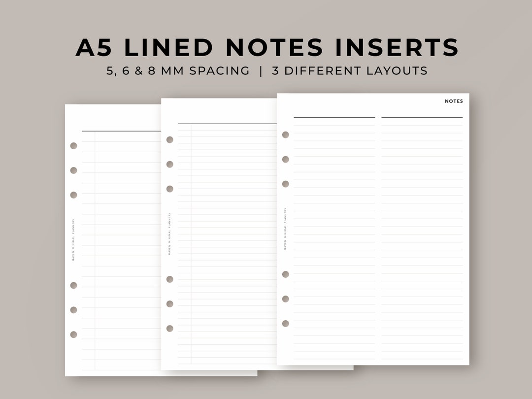 Lined Notes A5 Planner Inserts 5 Mm, 6 Mm, 8 Mm Spacing 3 Different ...
