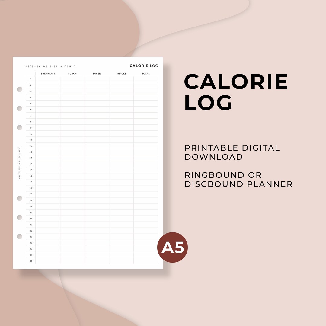 Calorie Log, Printable Inserts, Ringbound Discbound Binder, A5 Format ...