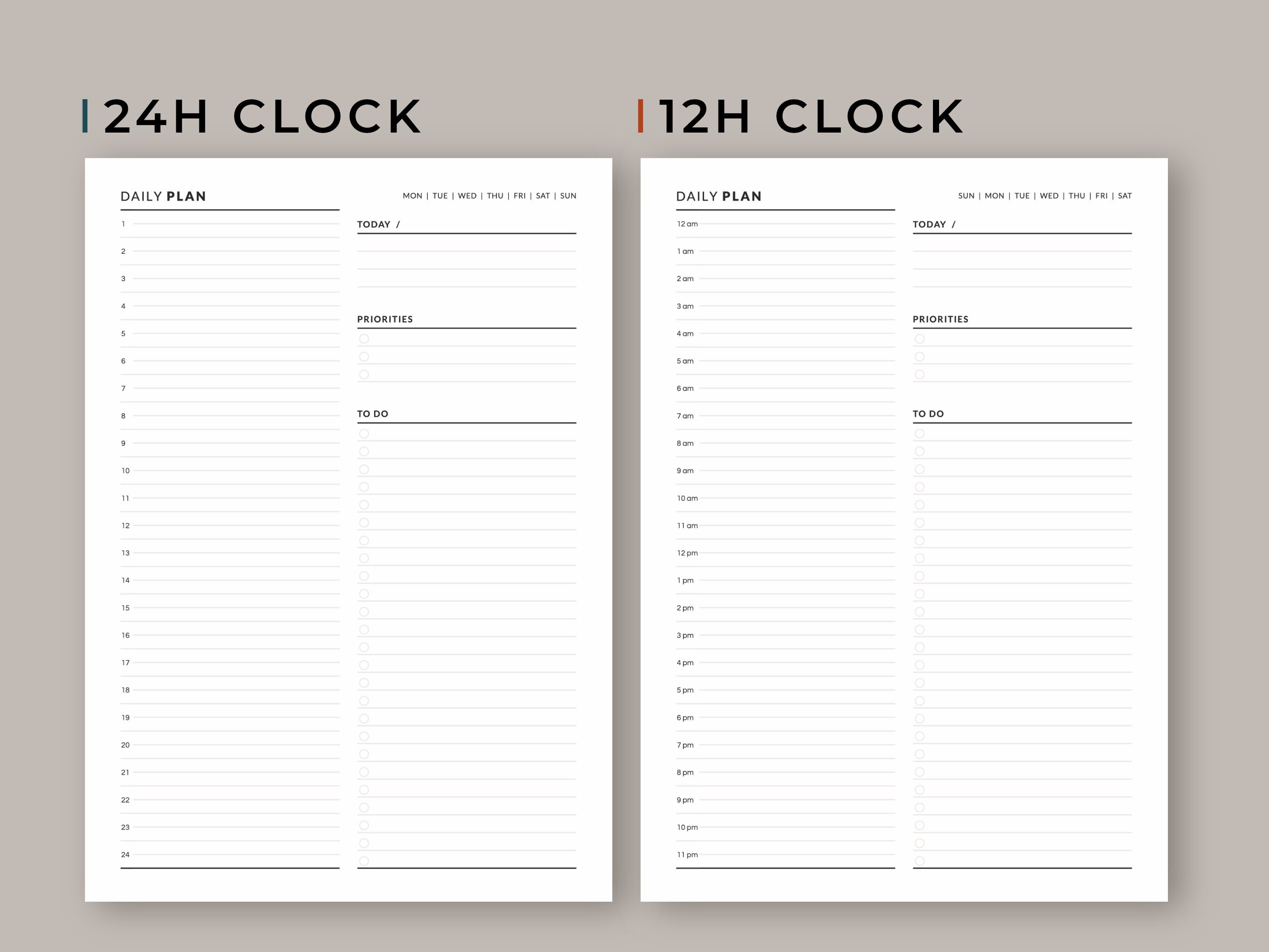 24h Daily Printable Planner Monday Sunday Start 12h and 24h Clock 2 ...