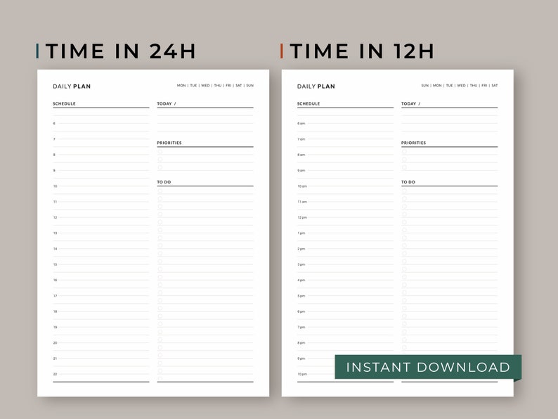Daily Printable Planner A5 & Half Letter Format Monday, Sunday Start ...