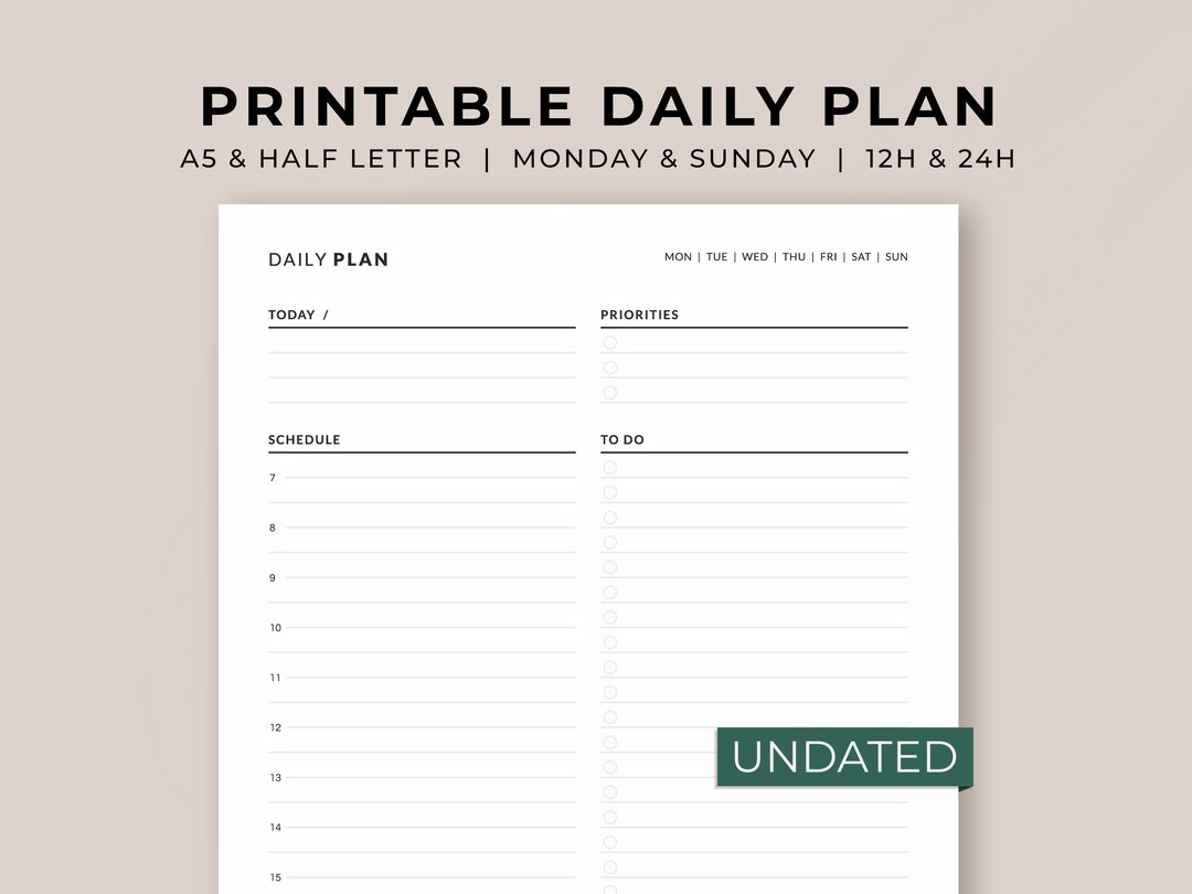 Printable Daily Planner A5 Half Letter Size Agenda Calendar Sunday ...