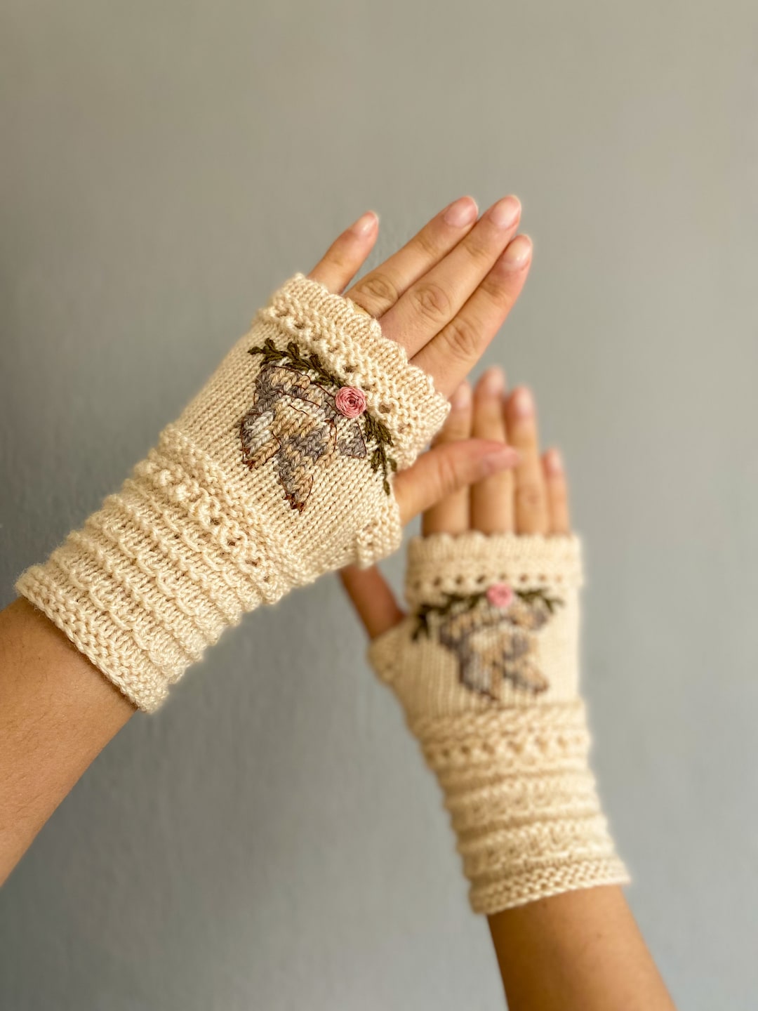 Bunny Mitten, Handknitted Mittens, Rabbit and Rose Mitten, Hand Warmer ...