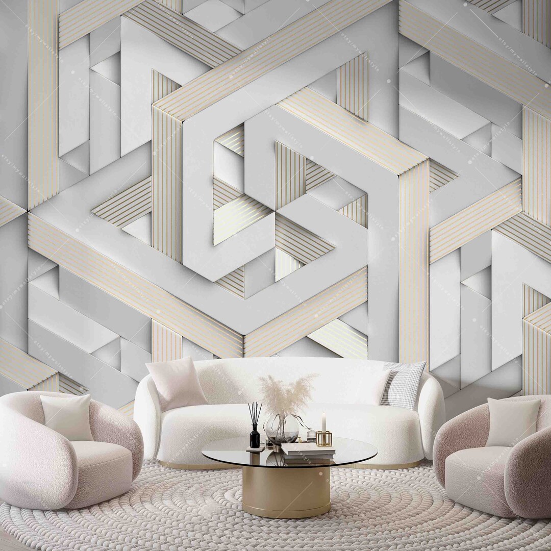 White Triangular Prismatic, Geometric 3D Wallpaper, Removeable ...