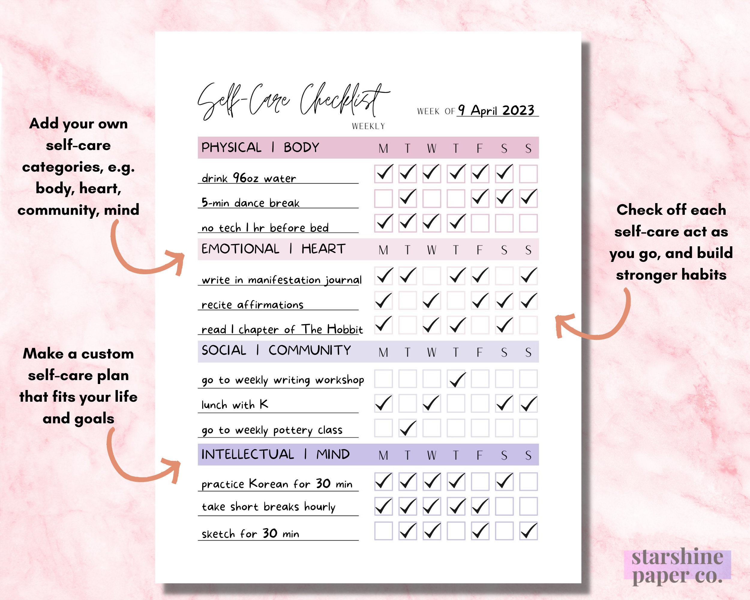 Self-care Checklist Bundle for Daily Mindfulness, Mental Health ...