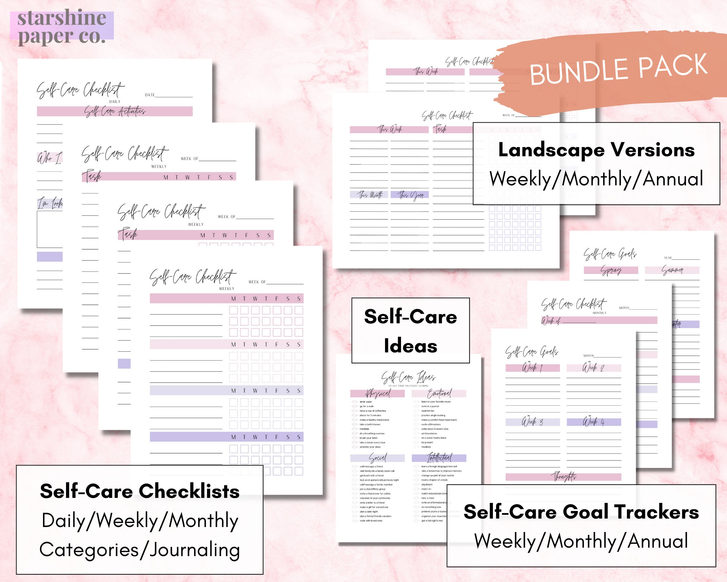 Self-care Checklist Bundle for Daily Mindfulness, Mental Health ...