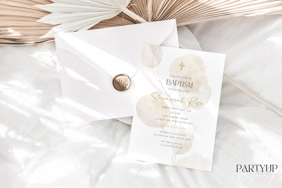 Gold Watercolor Christening Invitation: Modern Baptism, Communion ...