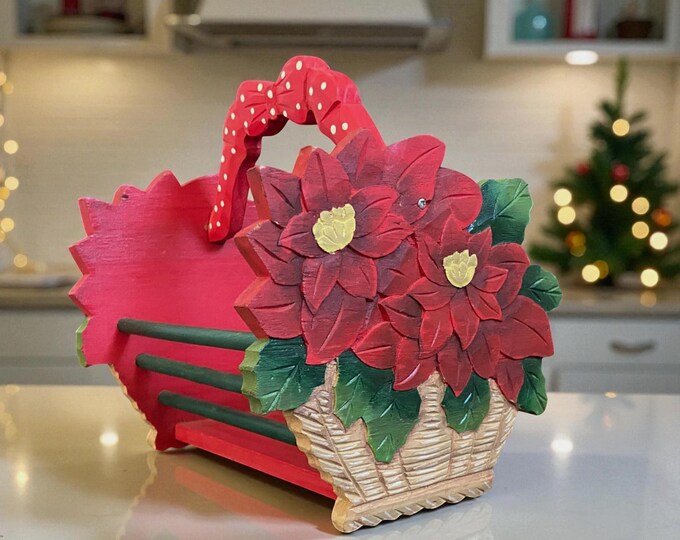 Vintage Wood Christmas Basket - Poinsettias and Bow - Festive Holiday ...
