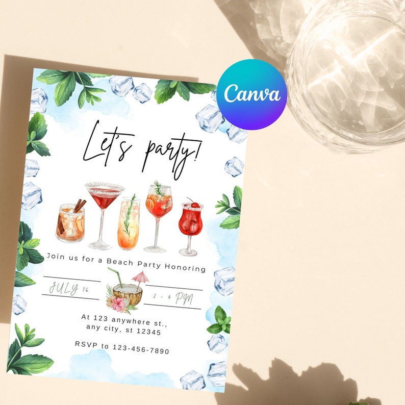 Editable Hello Summer, Cocktail Party Invitation Template, Party ...