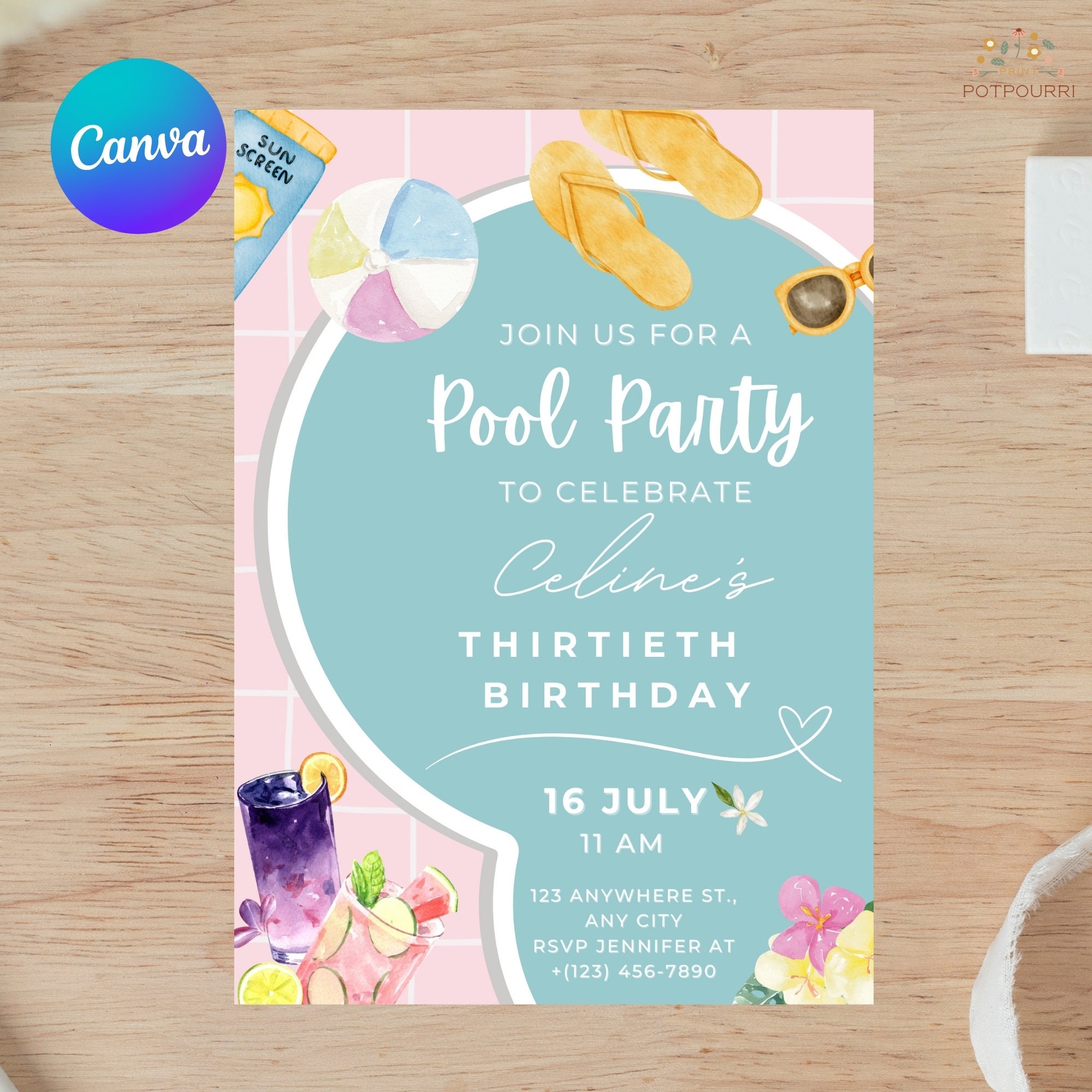 Editable Pool Party Invitation Template, Pool Birthday Party, Hello ...