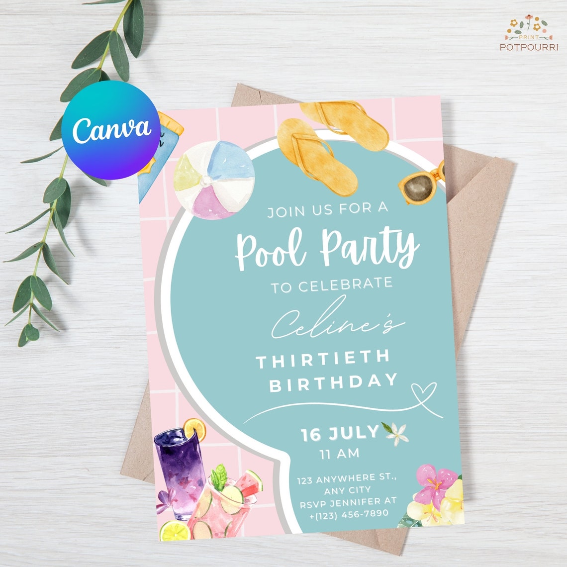 Editable Pool Party Invitation Template, Pool Birthday Party, Hello ...