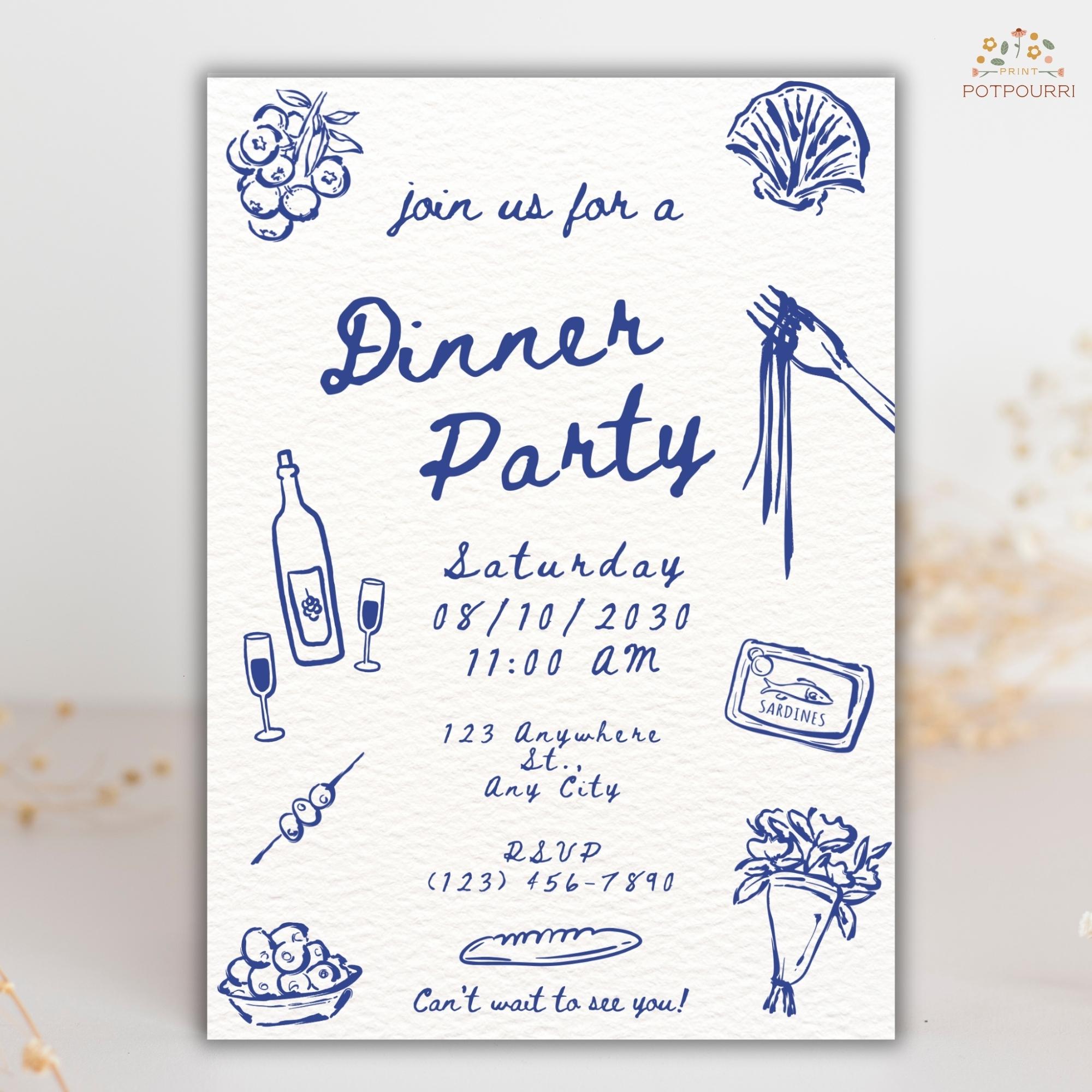 Hand Drawn Illustrated Invitation, Handwritten Dinner Party Invitation ...