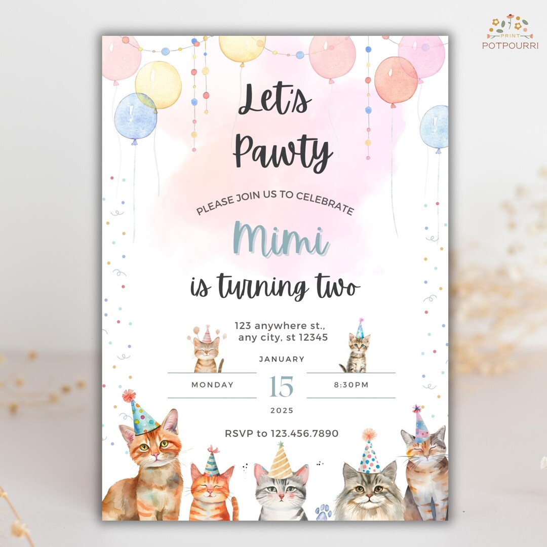Cat Themed Birthday Invitation, Cat Birthday Invitation, Cat Invitation ...