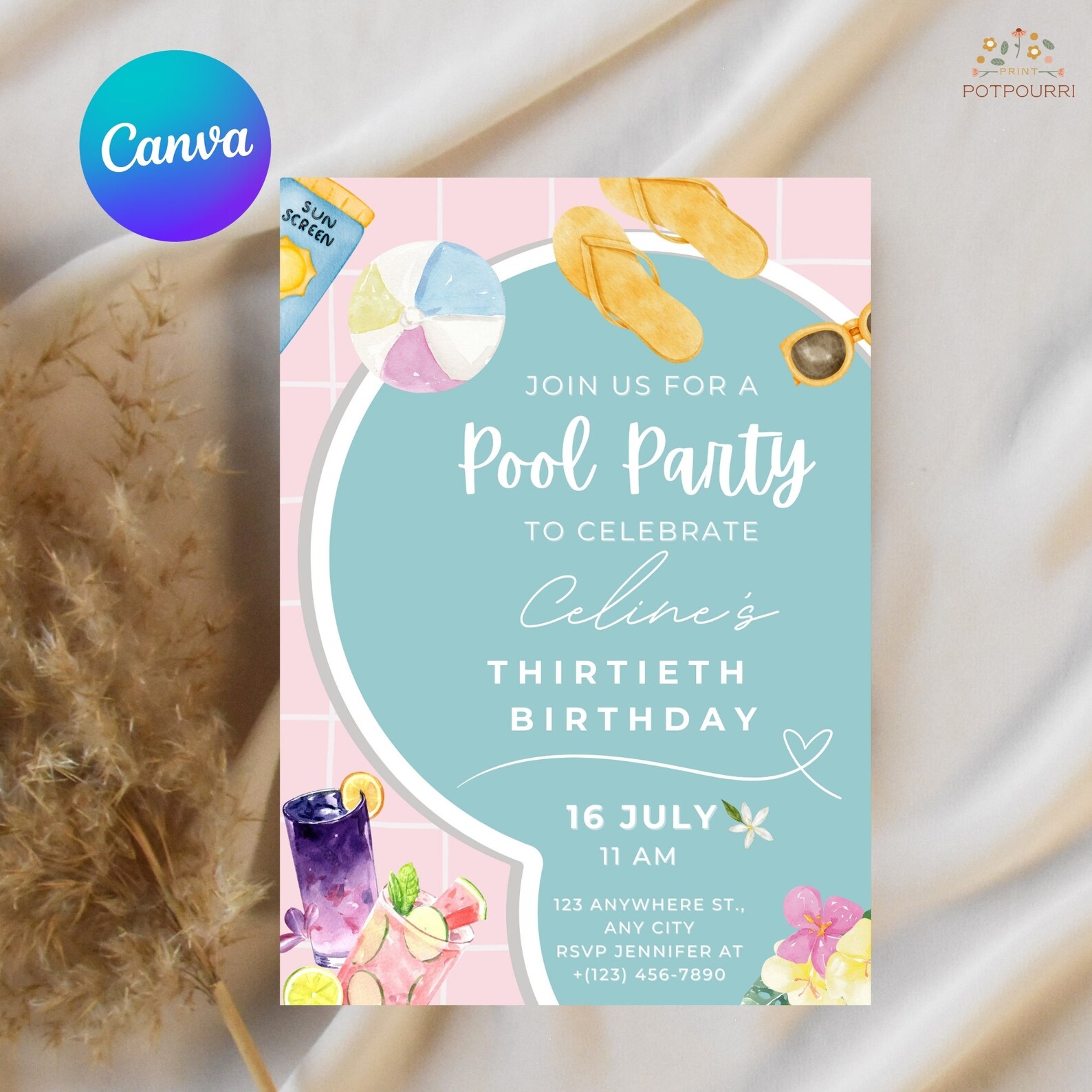 Editable Pool Party Invitation Template, Pool Birthday Party, Hello ...