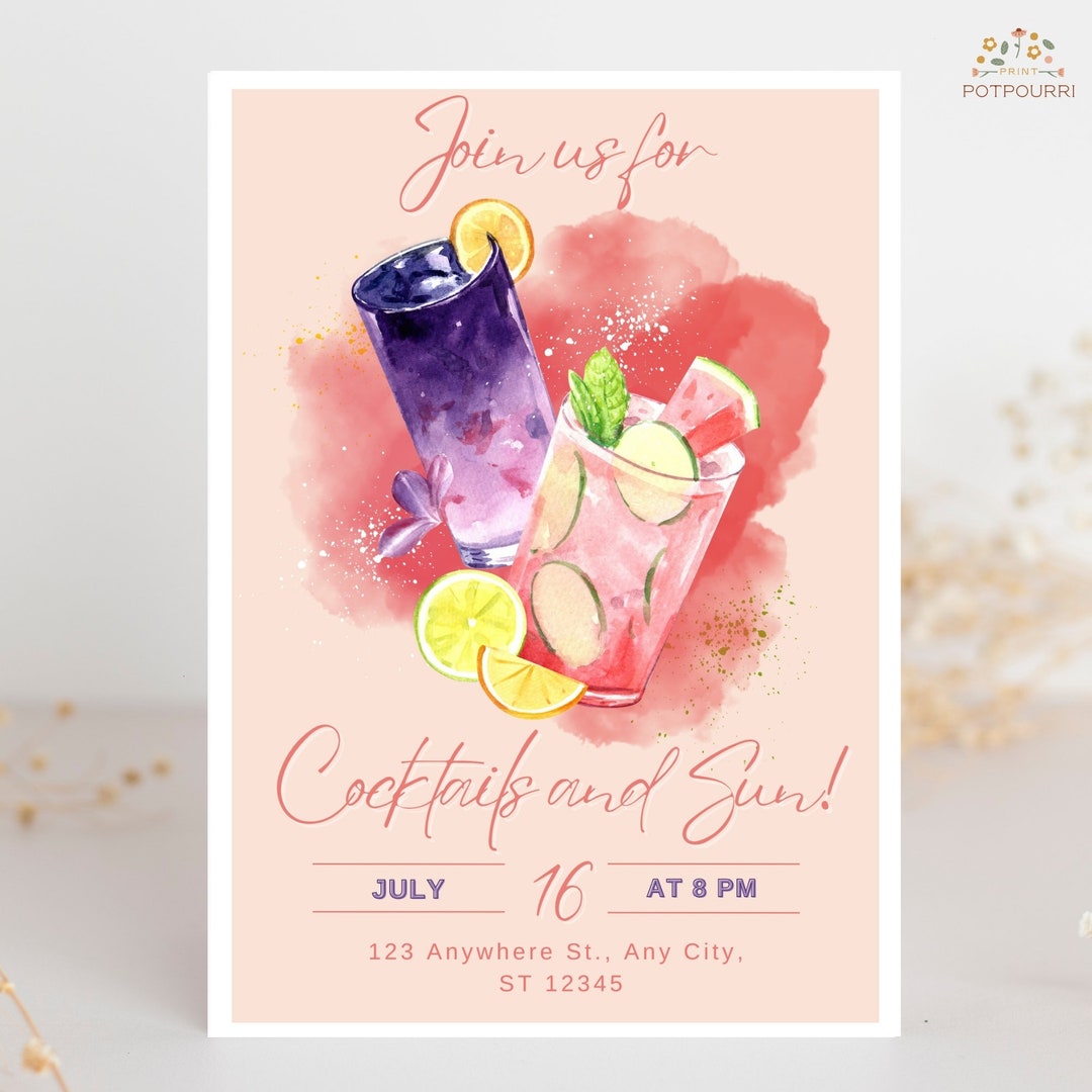 Editable Hello Summer Party Invitations, Cocktails Party Invitation ...