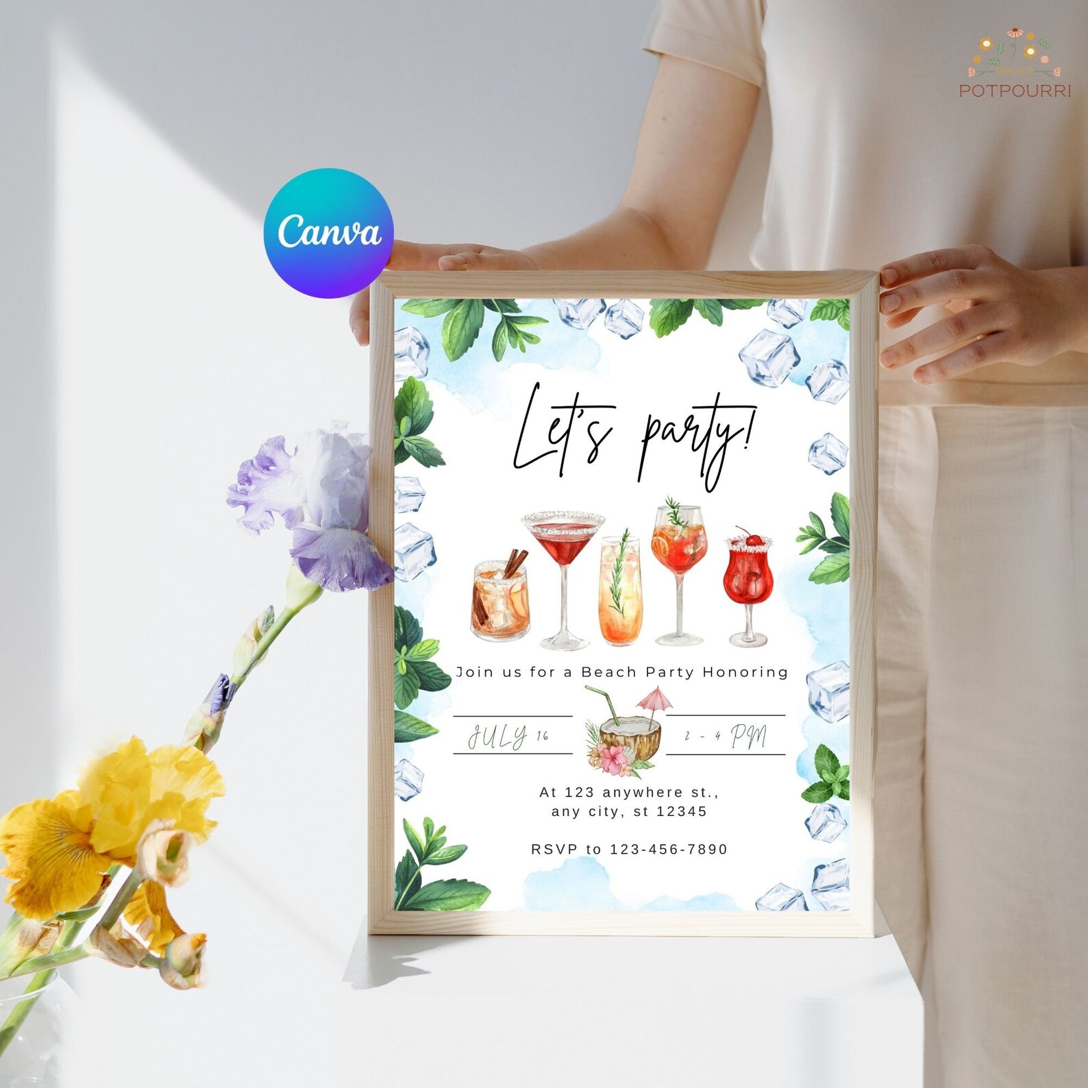 Editable Hello Summer, Cocktail Party Invitation Template, Party ...