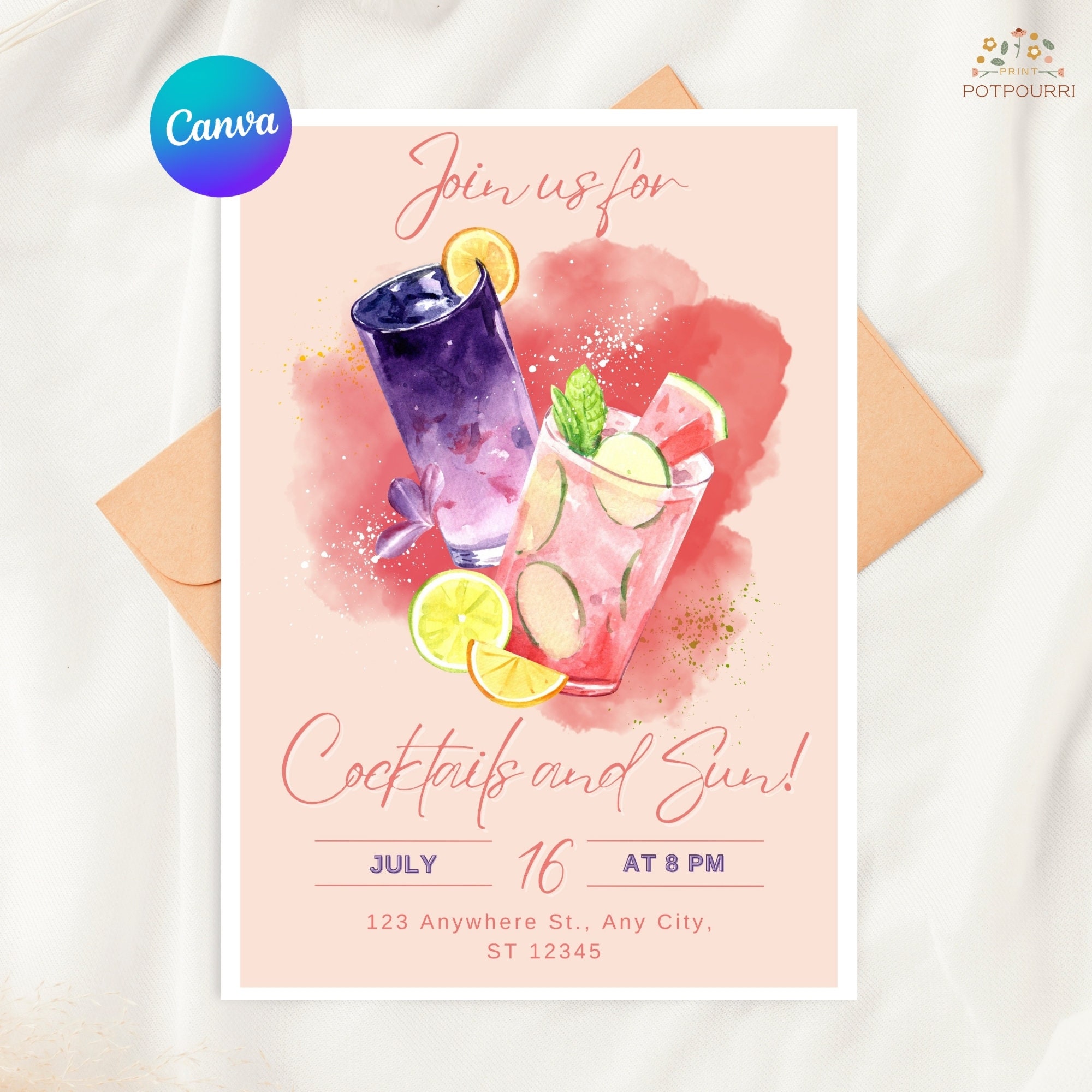 Editable Hello Summer Party Invitations, Cocktails Party Invitation ...