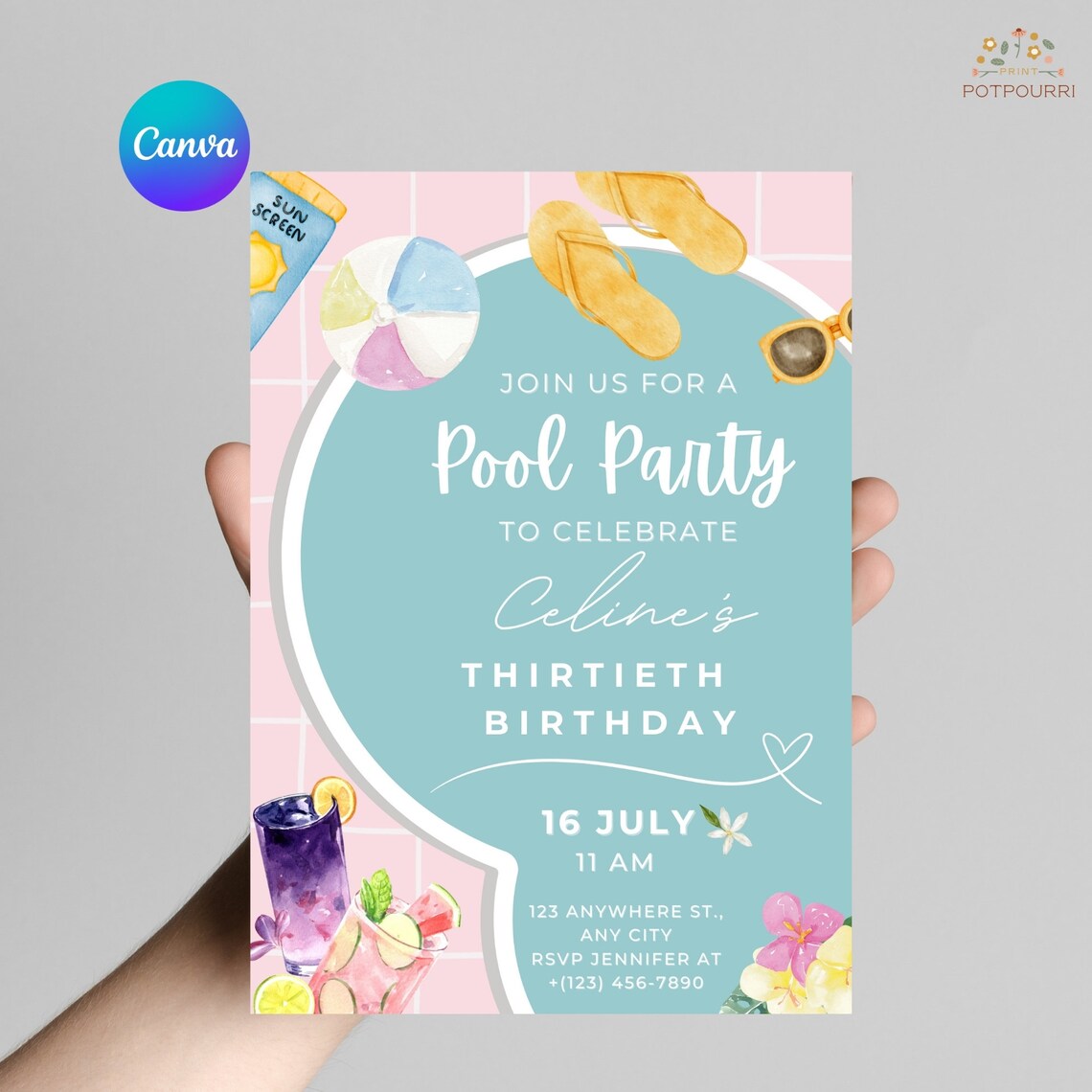 Editable Pool Party Invitation Template, Pool Birthday Party, Hello ...