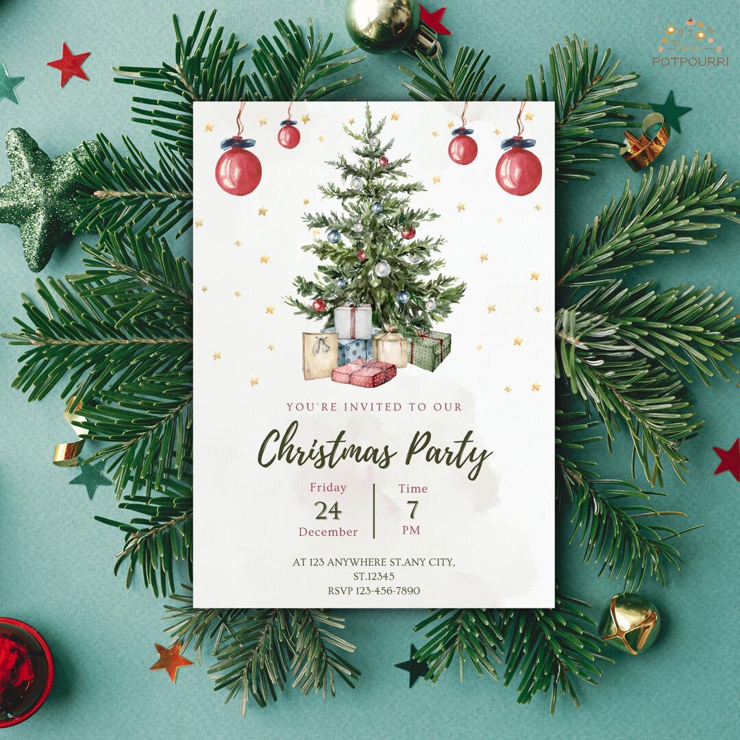 Christmas Tree Party Invitation Template, Xmas Digital Invitation ...