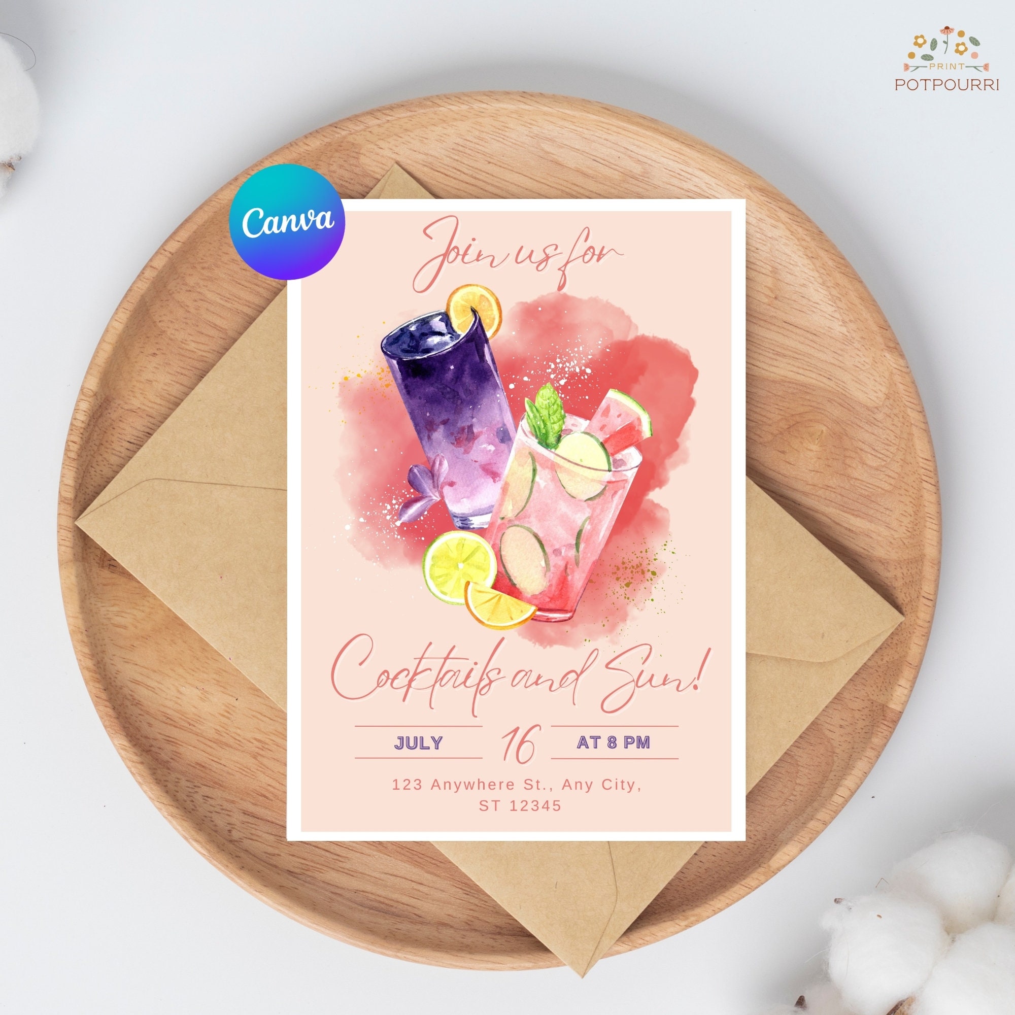 Editable Hello Summer Party Invitations, Cocktails Party Invitation ...