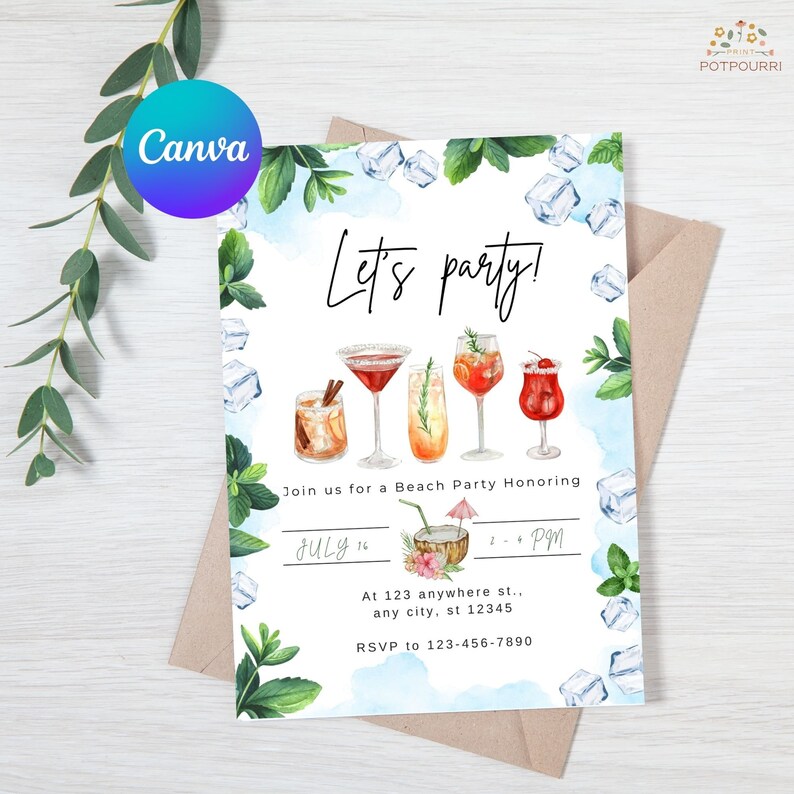 Editable Hello Summer, Cocktail Party Invitation Template, Party ...