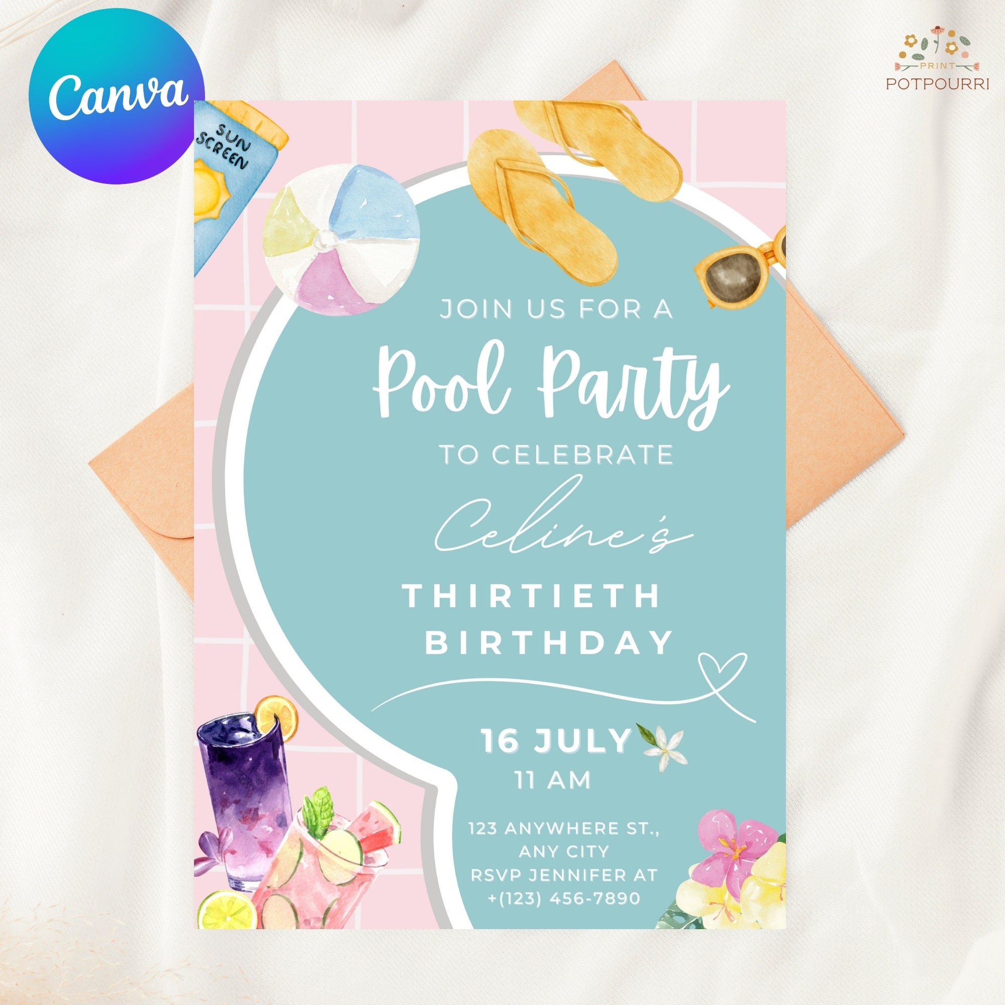 Editable Pool Party Invitation Template, Pool Birthday Party, Hello ...