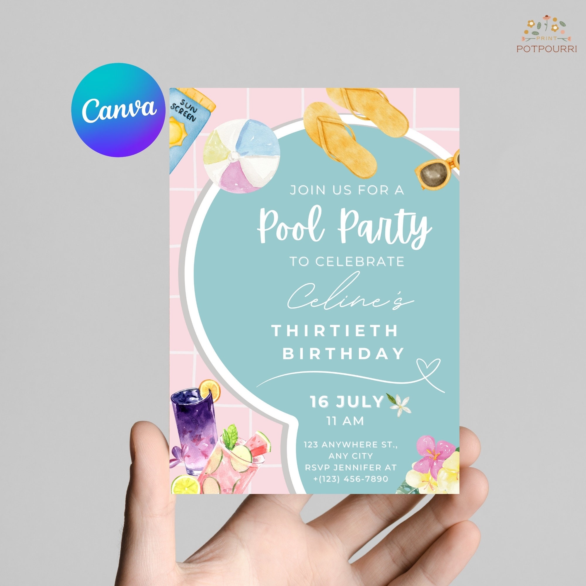 Editable Pool Party Invitation Template, Pool Birthday Party, Hello ...