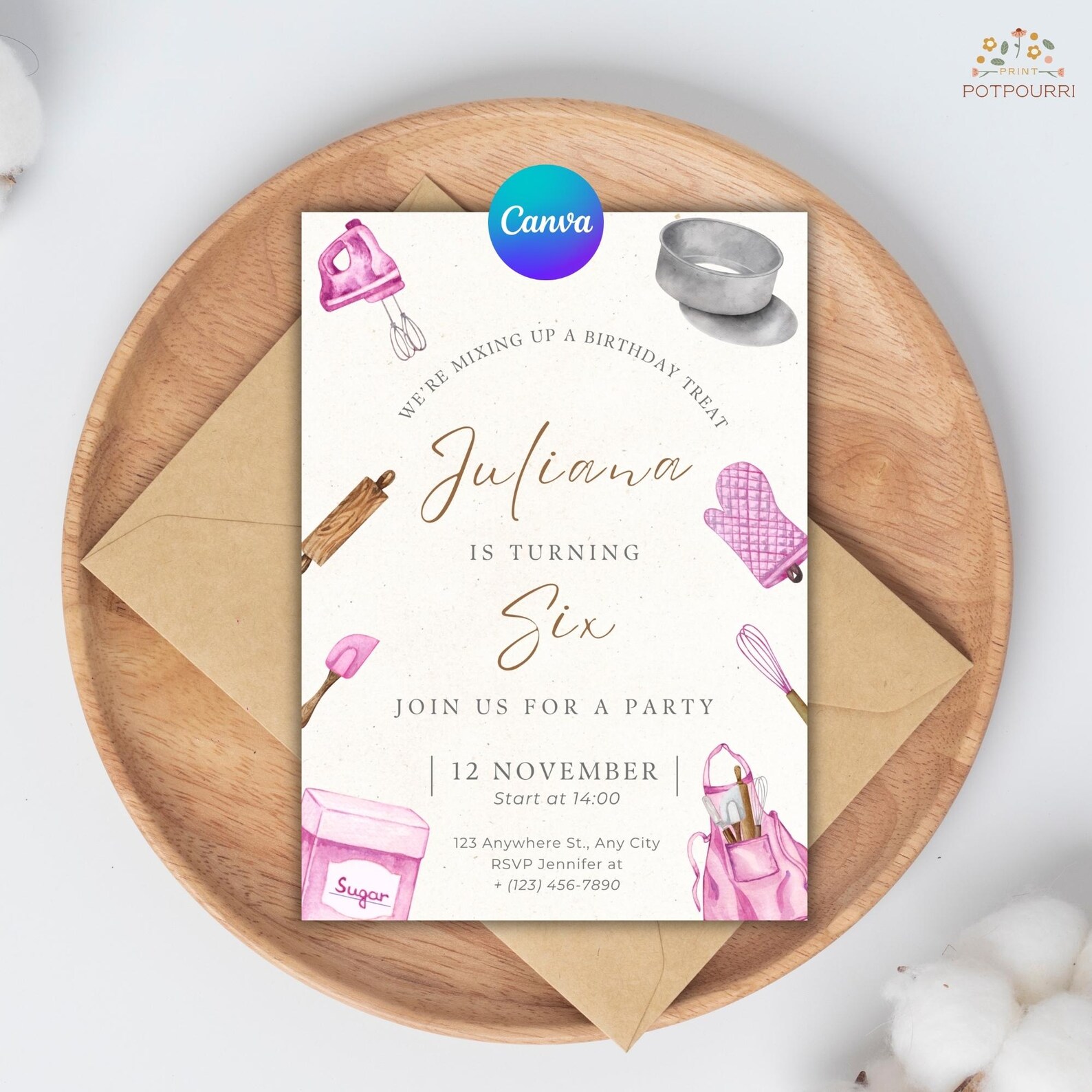 Baking Party Invitation Girl -kids Cooking Birthday Invite, Cooking ...