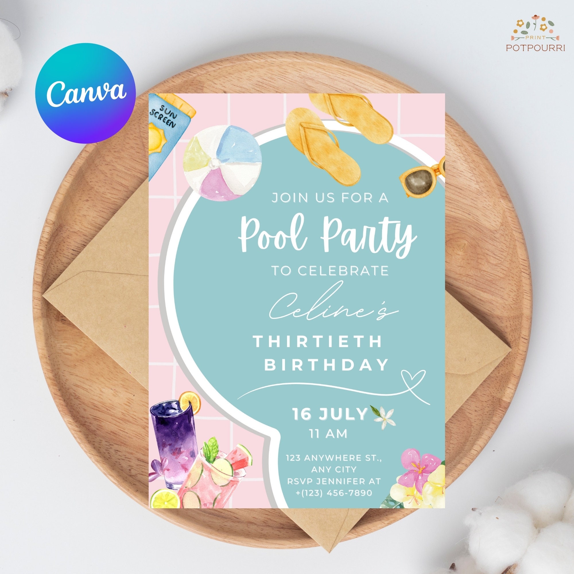 Editable Pool Party Invitation Template, Pool Birthday Party, Hello ...