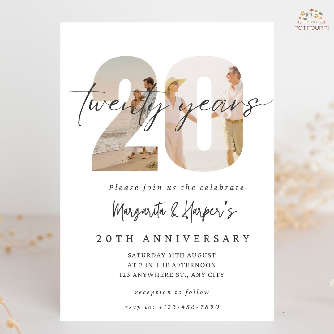 Editable 20th Anniversary Invitations, 20th Wedding Anniversary ...