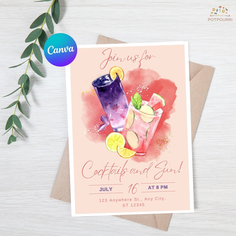 Editable Hello Summer Party Invitations, Cocktails Party Invitation ...