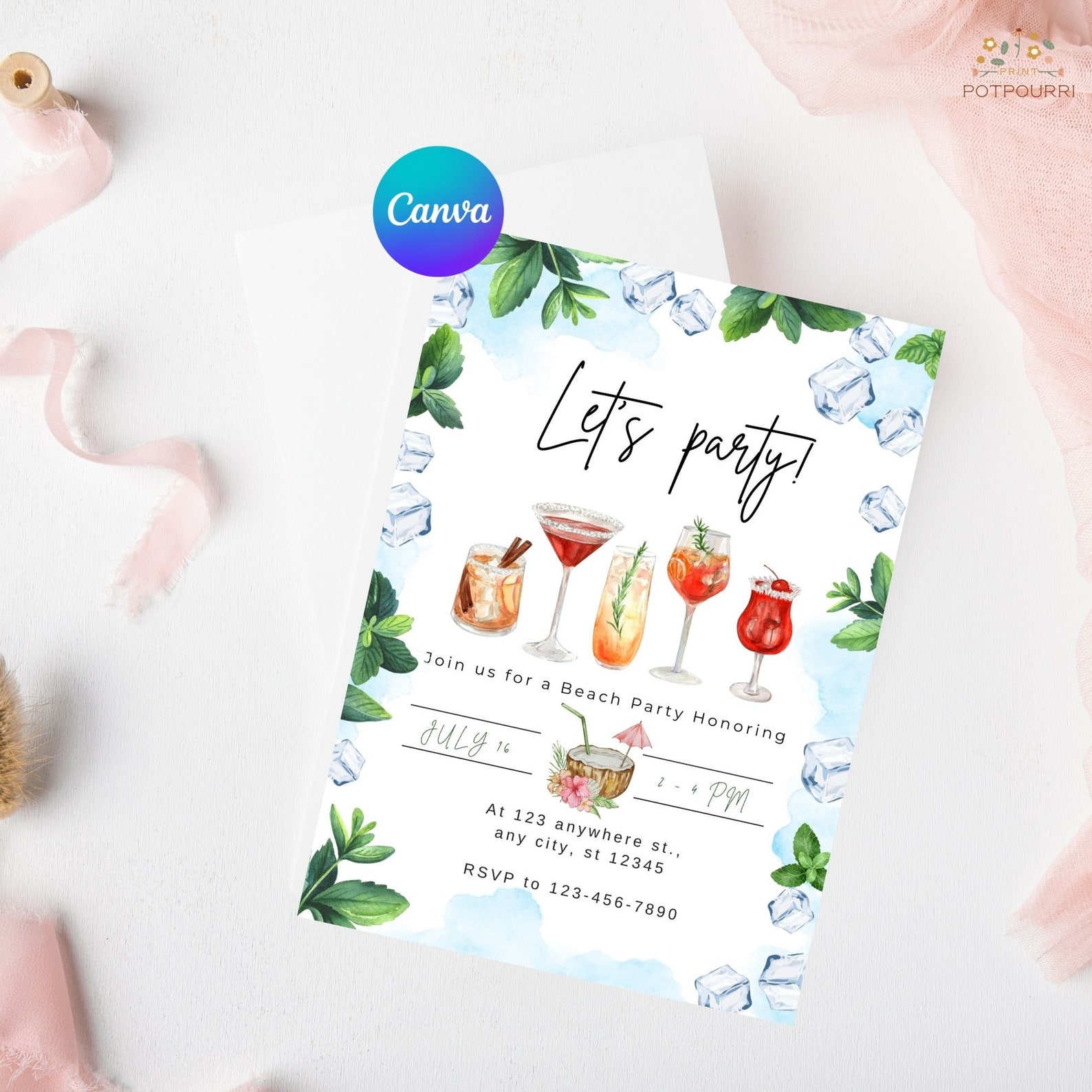 Editable Hello Summer, Cocktail Party Invitation Template, Party ...