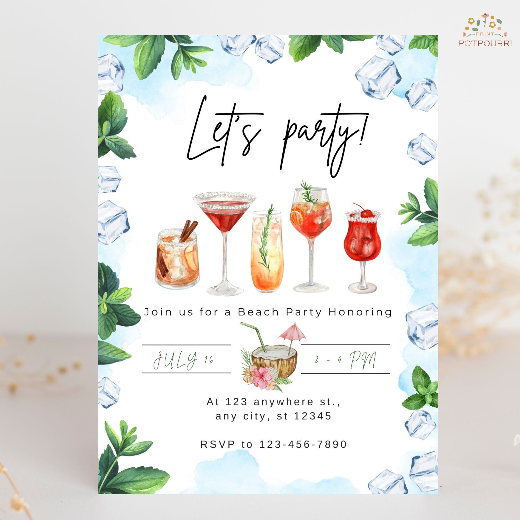 Editable Hello Summer, Cocktail Party Invitation Template, Party ...