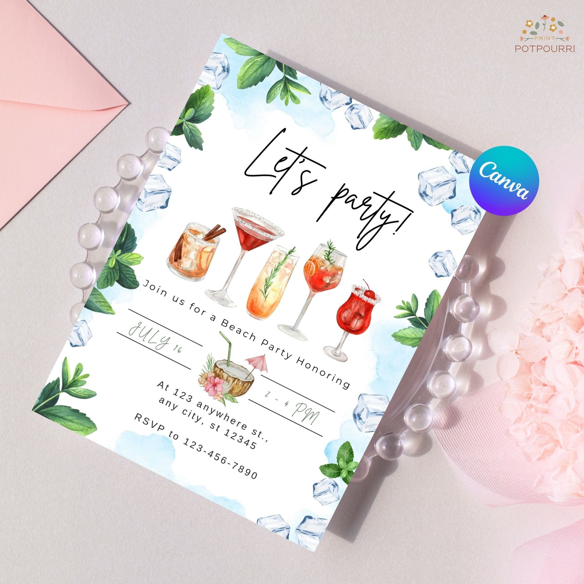 Editable Hello Summer, Cocktail Party Invitation Template, Party ...