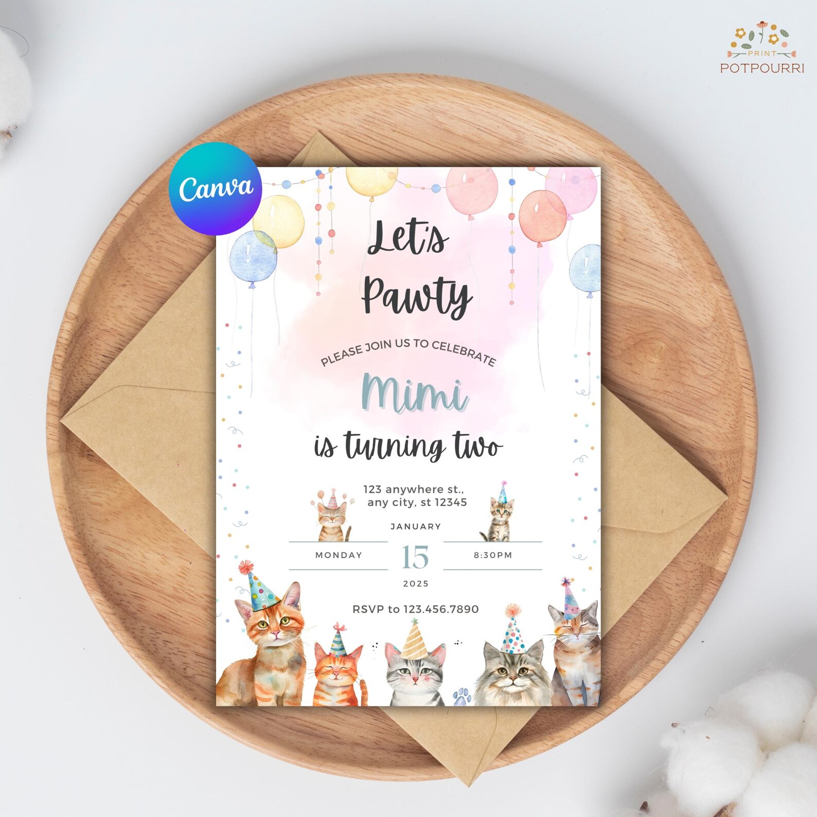 Cat Birthday Party Invitation, Watercolor Kitty Theme Invite, Cute Cat ...