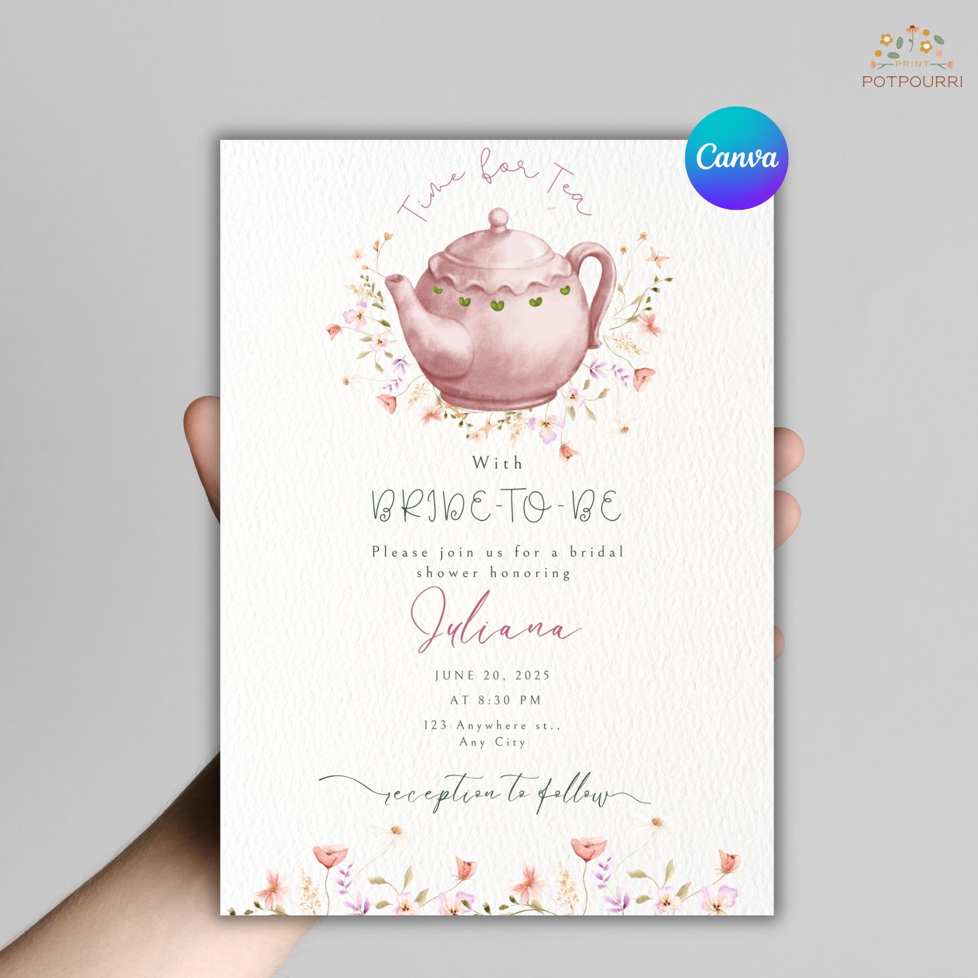 Editable Pink Wildflower Tea Party, Bridal Shower Invitation ...
