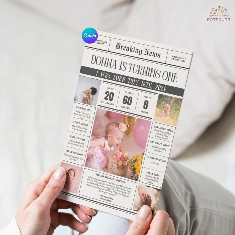 Editable 1st Birthday Newspaper Template, First Year Poster, Newspaper ...