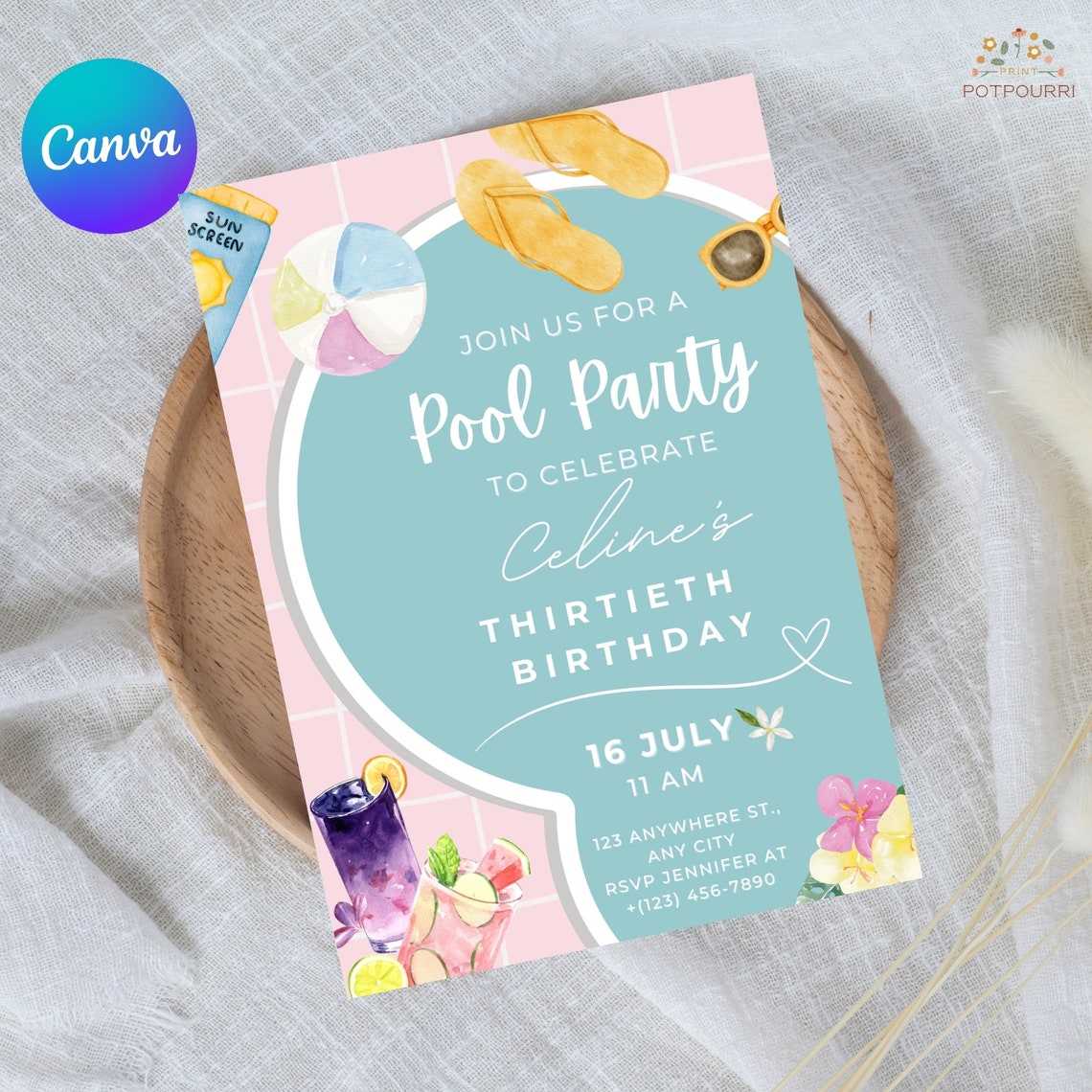 Editable Pool Party Invitation Template, Pool Birthday Party, Hello ...