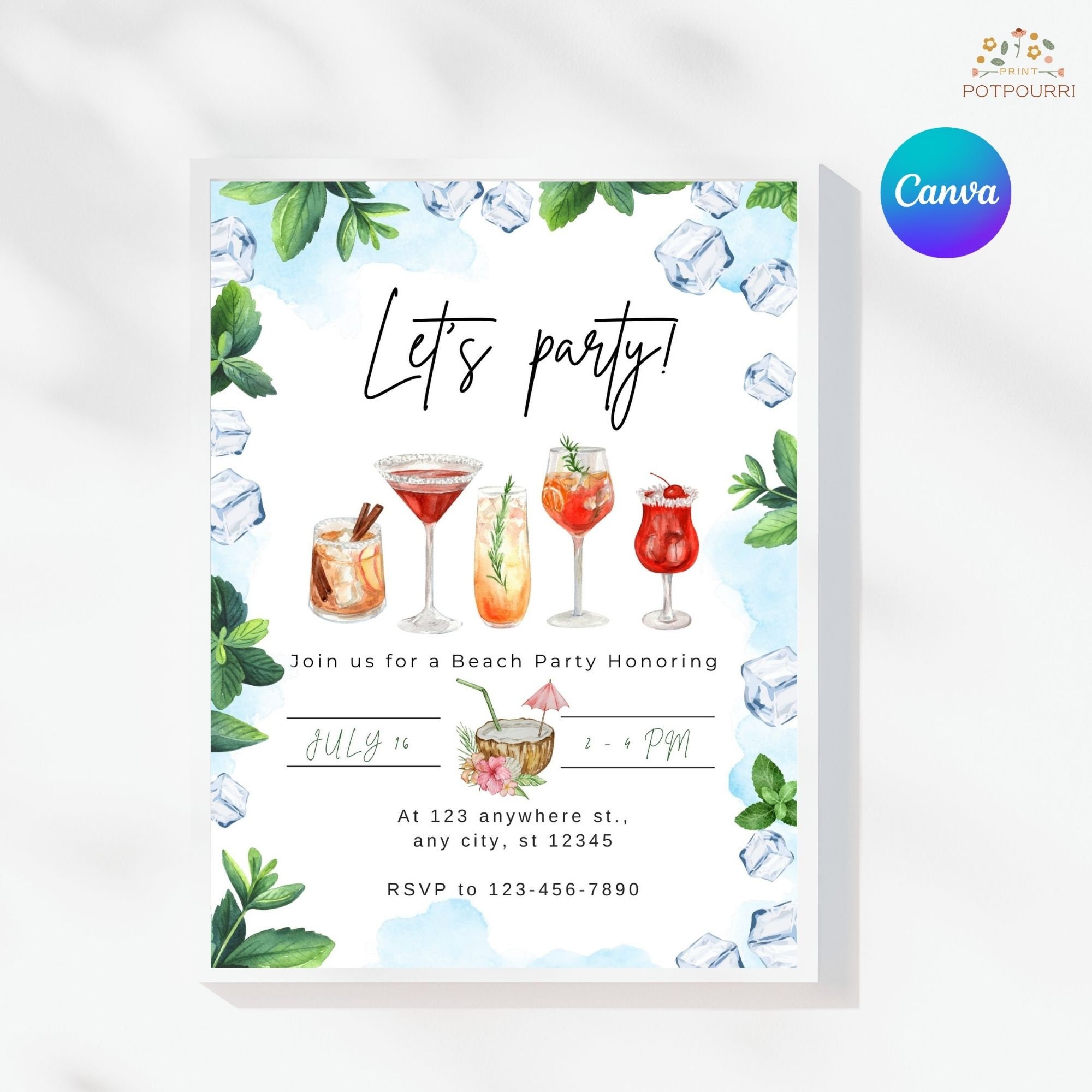 Editable Hello Summer, Cocktail Party Invitation Template, Party ...