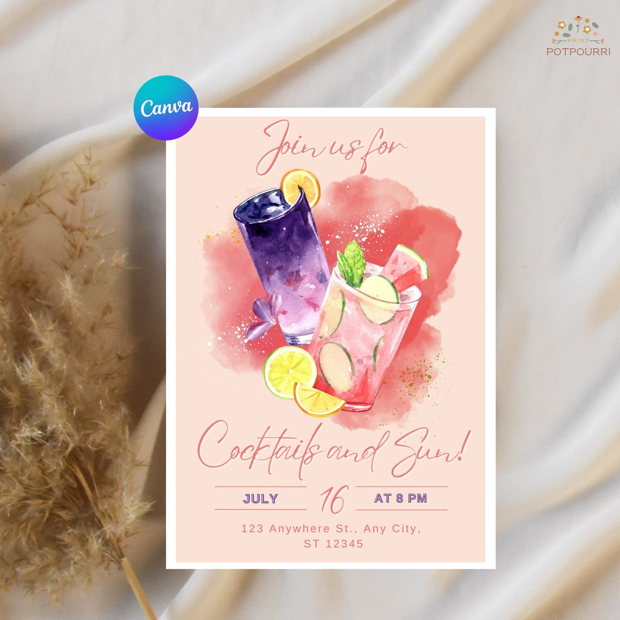 Editable Hello Summer Party Invitations, Cocktails Party Invitation ...