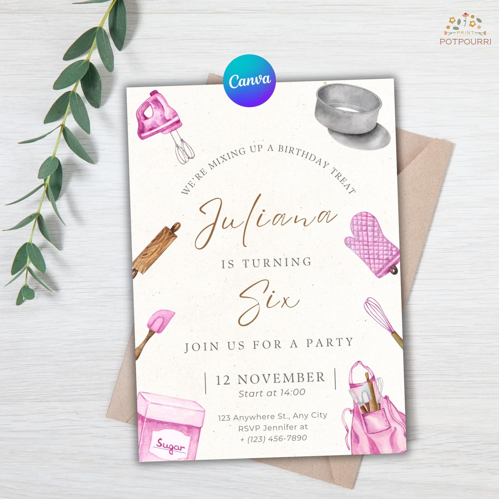 Baking Party Invitation Girl -kids Cooking Birthday Invite, Cooking ...