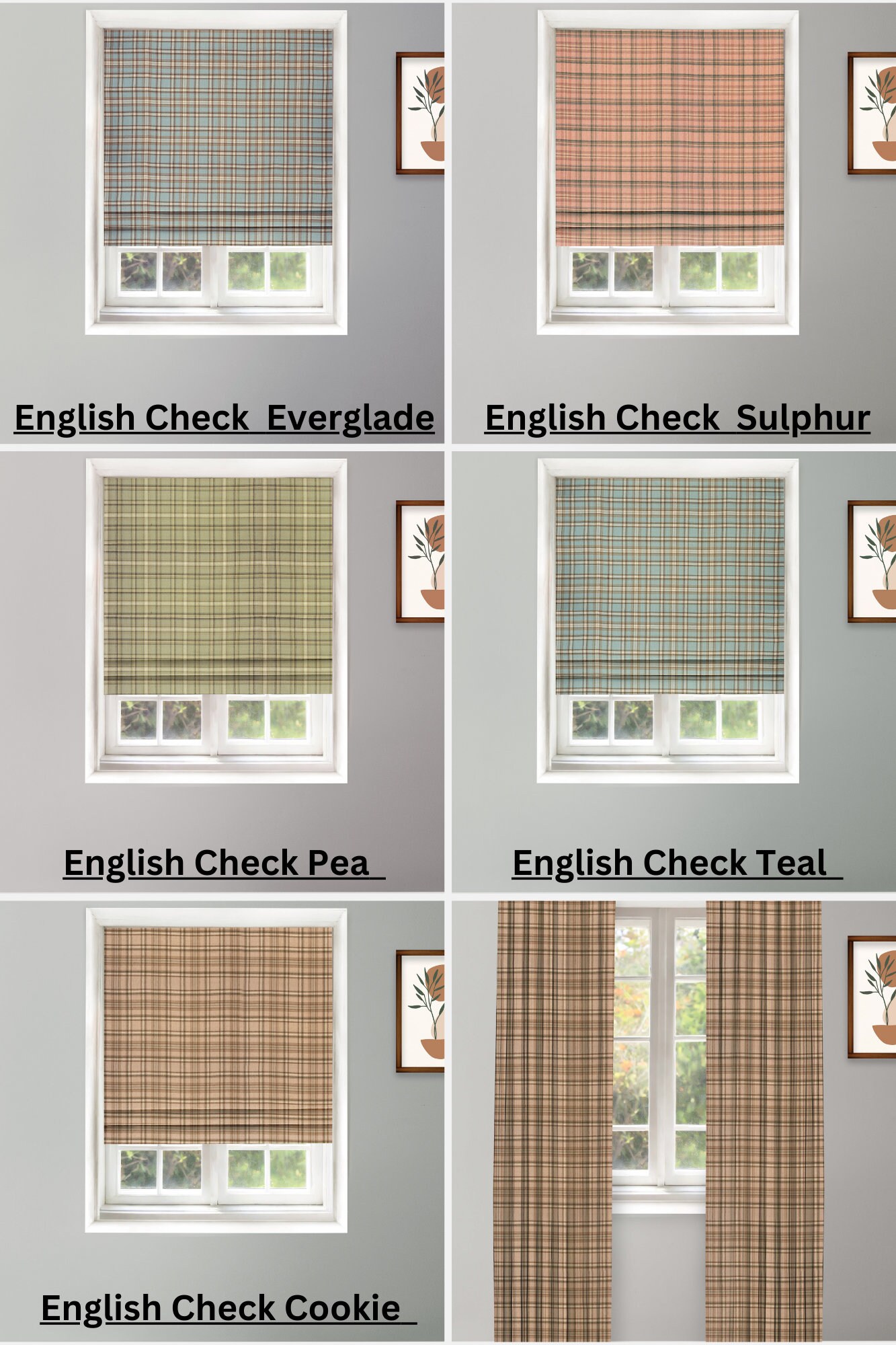 Plaid Roman Shades, 5 Colors, Windows Blinds, Flat Roman Shade, Kitchen ...